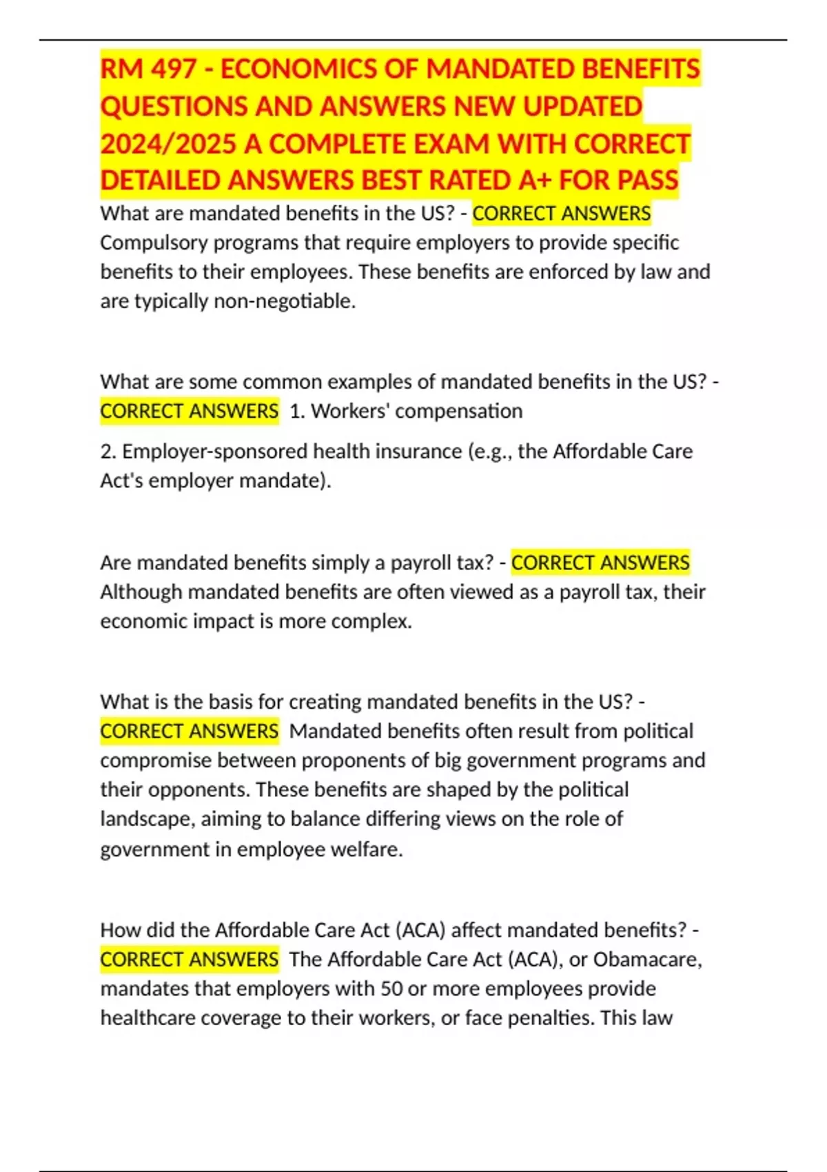 RM 497 - ECONOMICS OF MANDATED BENEFITS QUESTIONS AND ANSWERS NEW ...