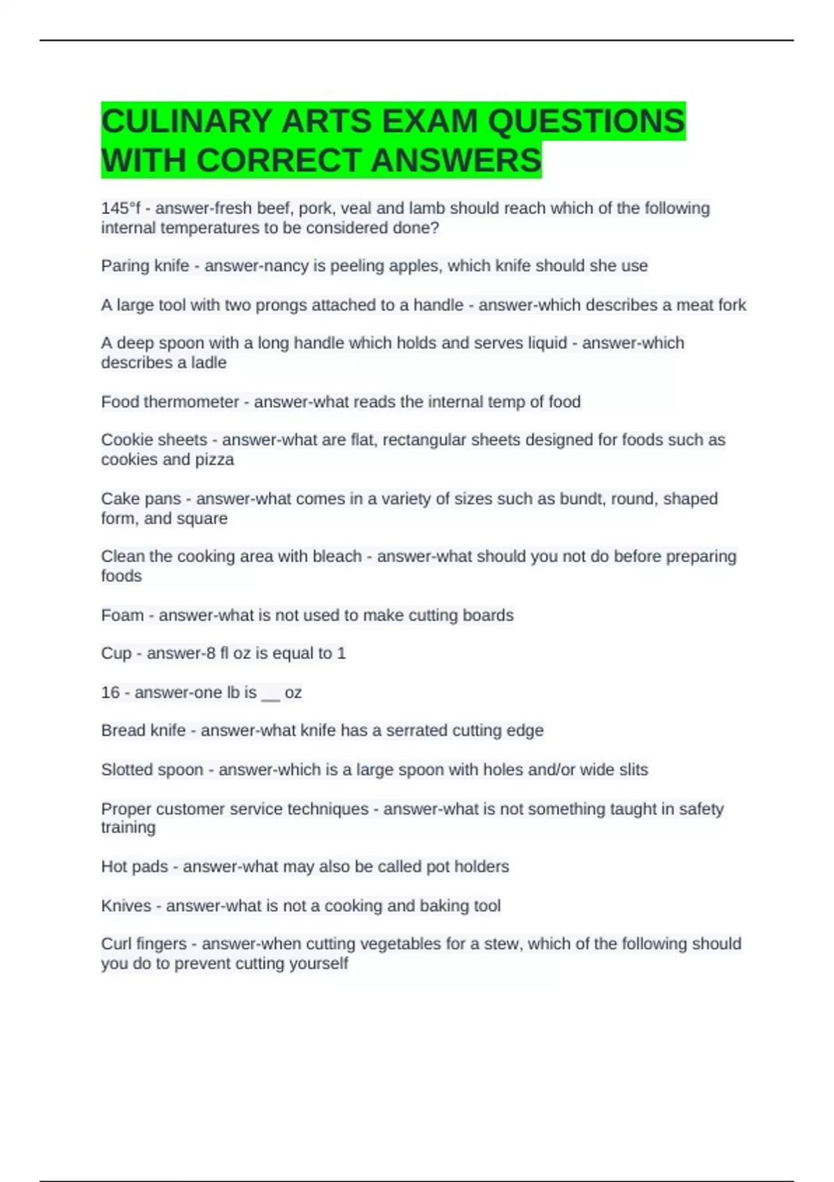 CULINARY ARTS EXAM QUESTIONS WITH CORRECT ANSWERS - CULINARY ARTS ...