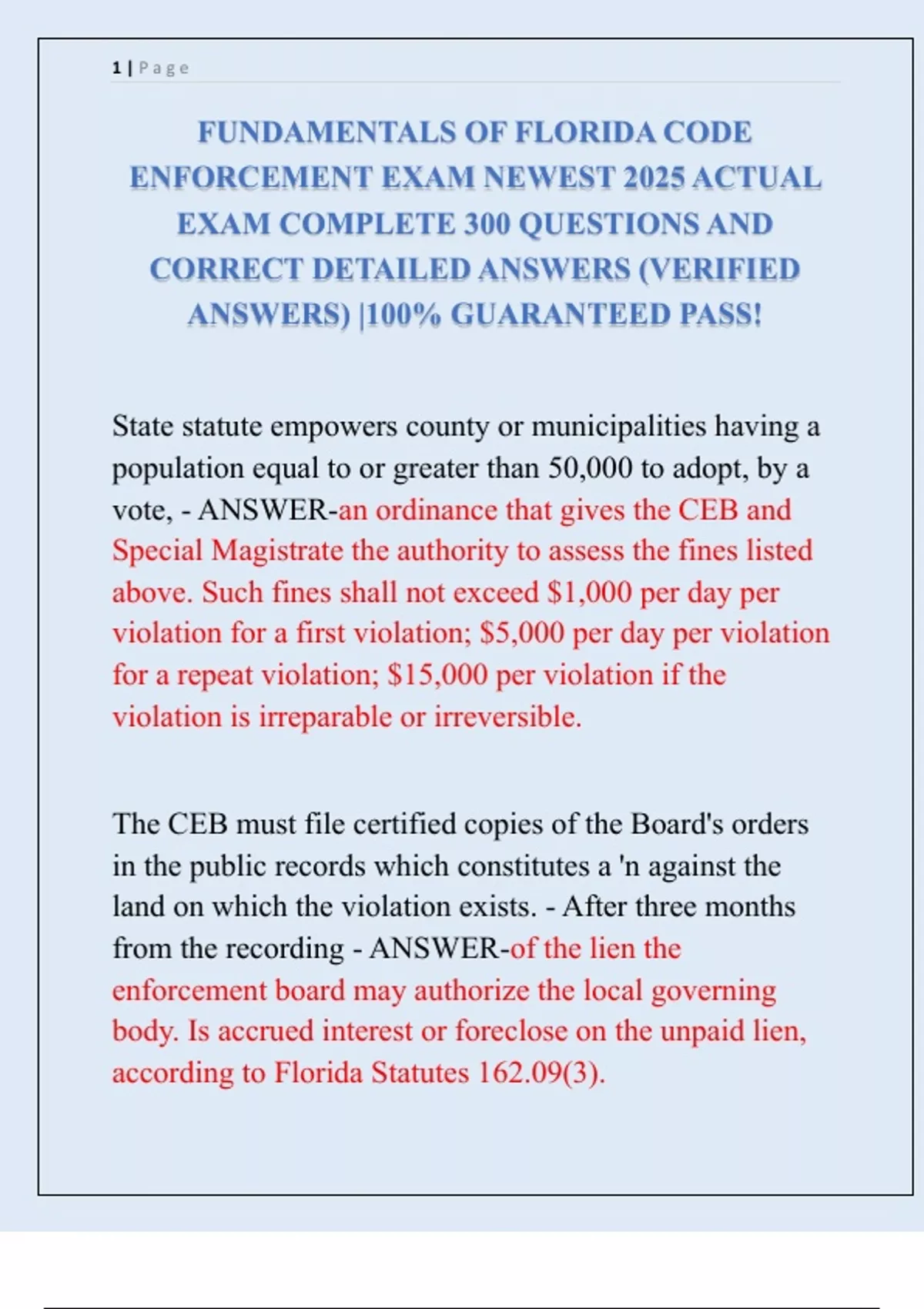 FUNDAMENTALS OF FLORIDA CODE ENFORCEMENT EXAM NEWEST 2025 ACTUAL EXAM COMPLETE 300 QUESTIONS AND ...