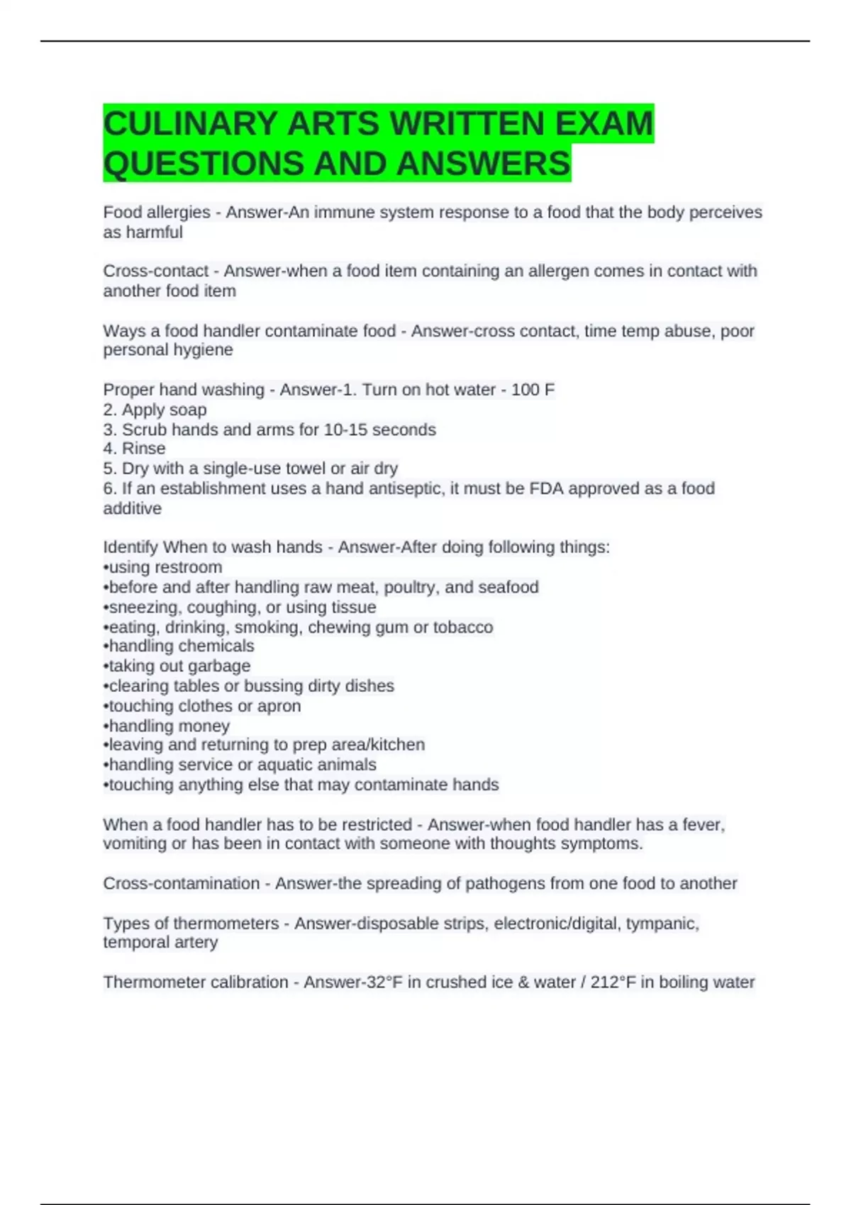 CULINARY ARTS WRITTEN EXAM QUESTIONS AND ANSWERS - CULINARY ARTS ...
