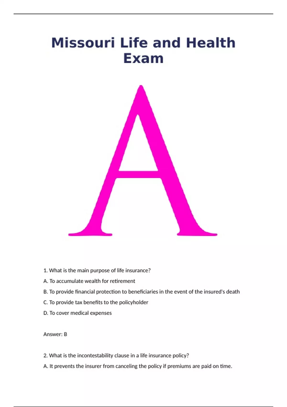 Missouri Life and Health Exam questions with correct answers(Verified ...