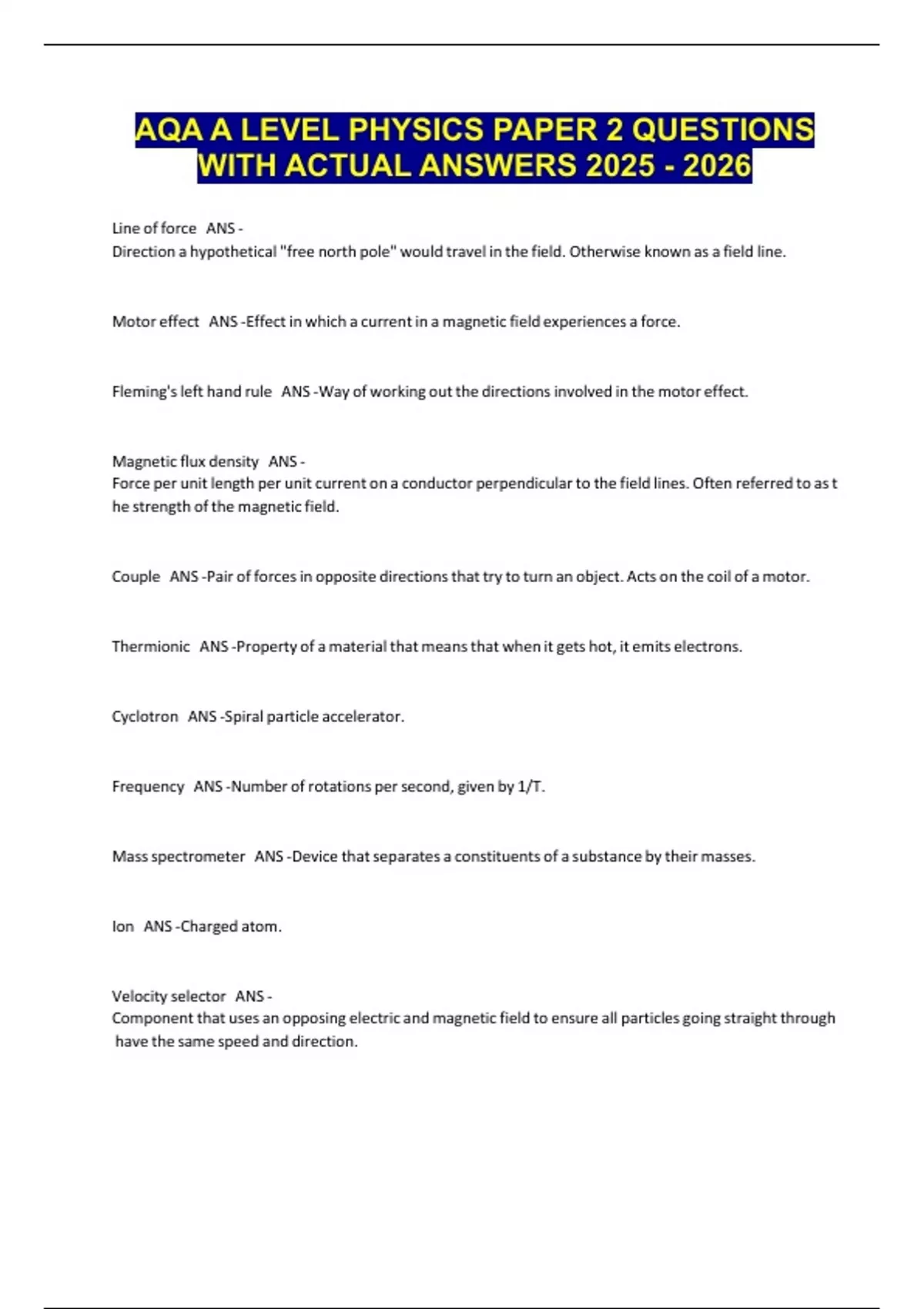 AQA A LEVEL PHYSICS PAPER 2 QUESTIONS WITH ACTUAL ANSWERS - PHYSICS ...