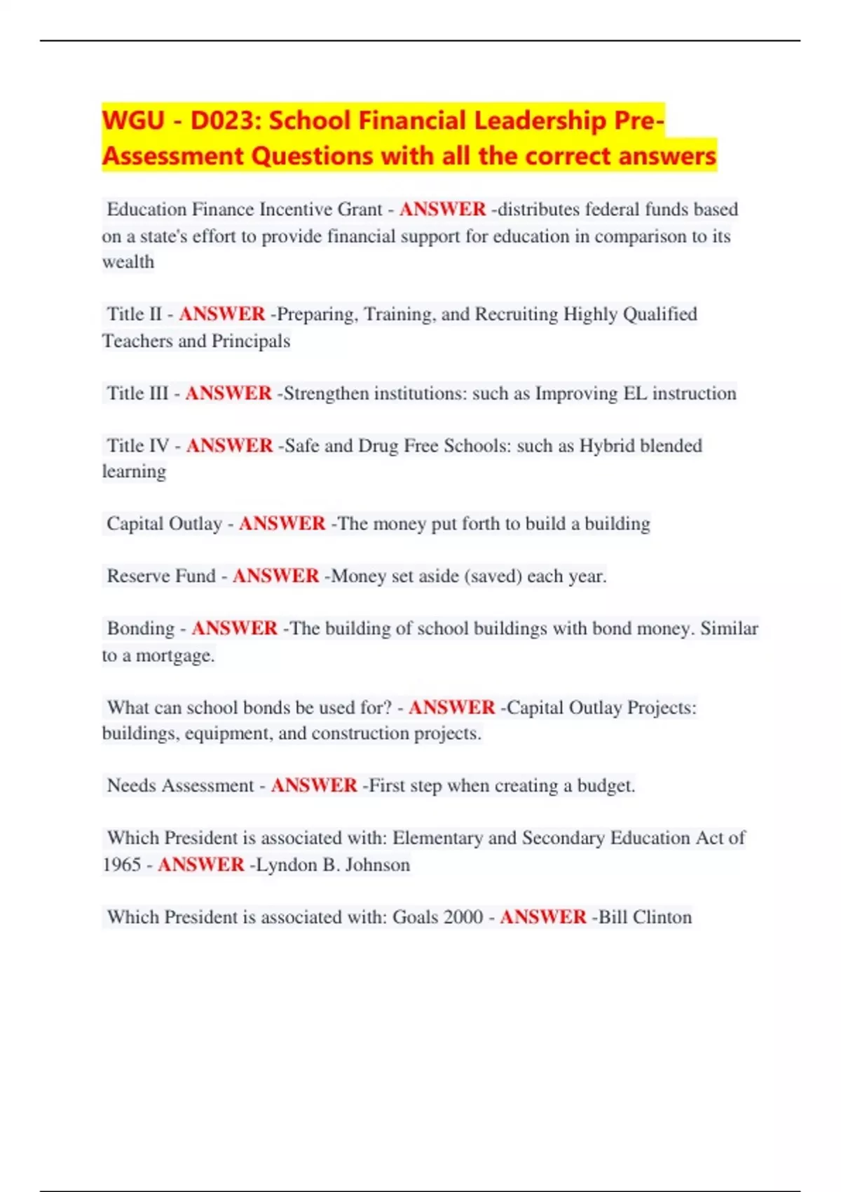 WGU - D023: School Financial Leadership Pre Assessment Questions with ...