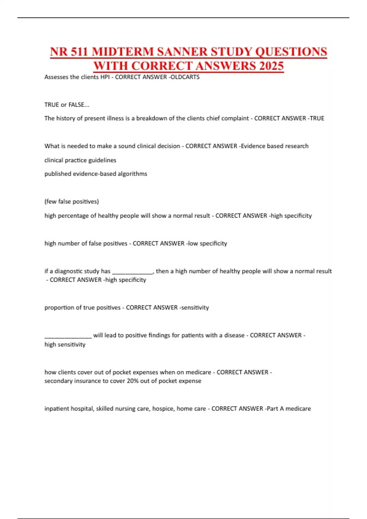 NR 511 MIDTERM SANNER STUDY QUESTIONS WITH CORRECT ANSWERS 2025 - NR511 / NR 511 - Stuvia US