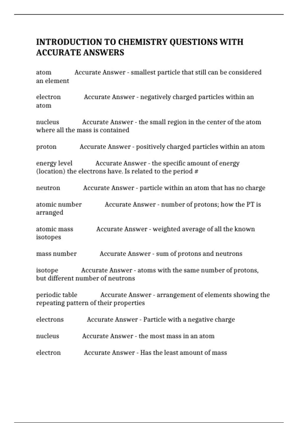 INTRODUCTION TO CHEMISTRY QUESTIONS WITH ACCURATE ANSWERS ...