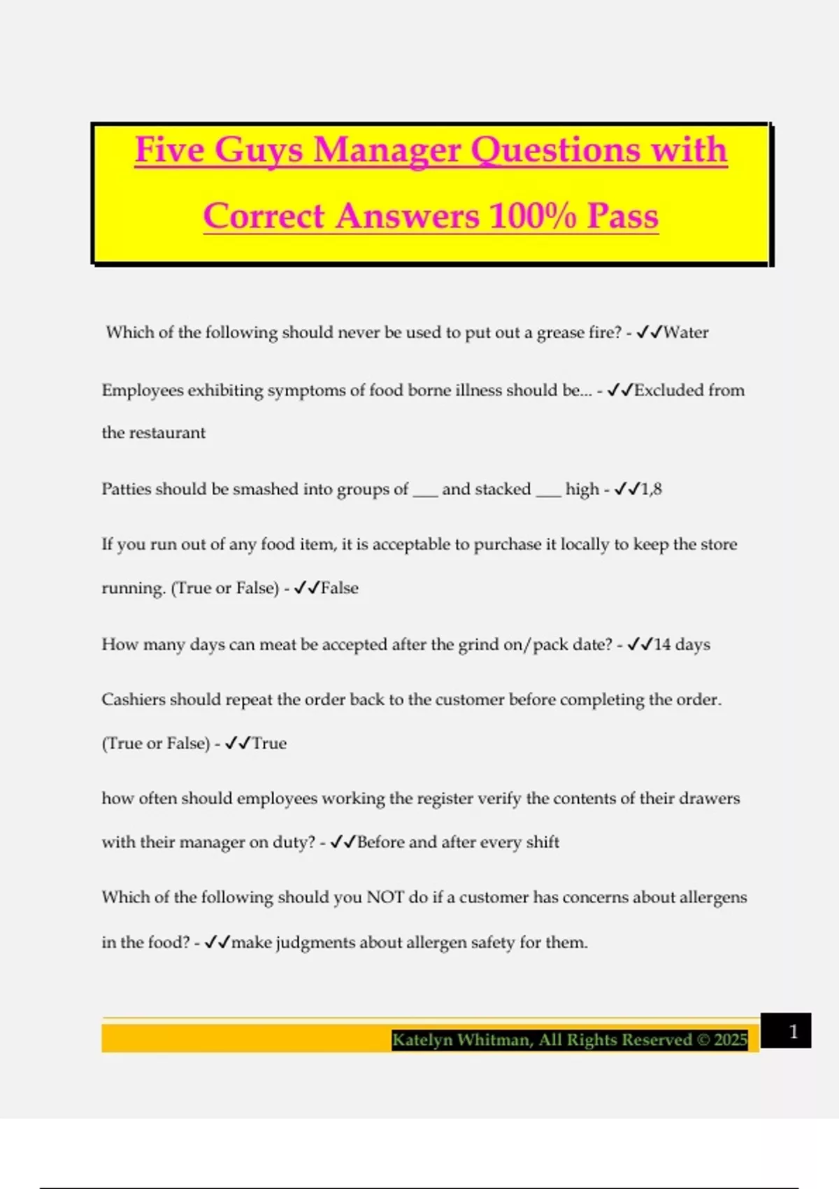 Five Guys Manager Test (Full) Questions and Answers 100% Pass - Five ...