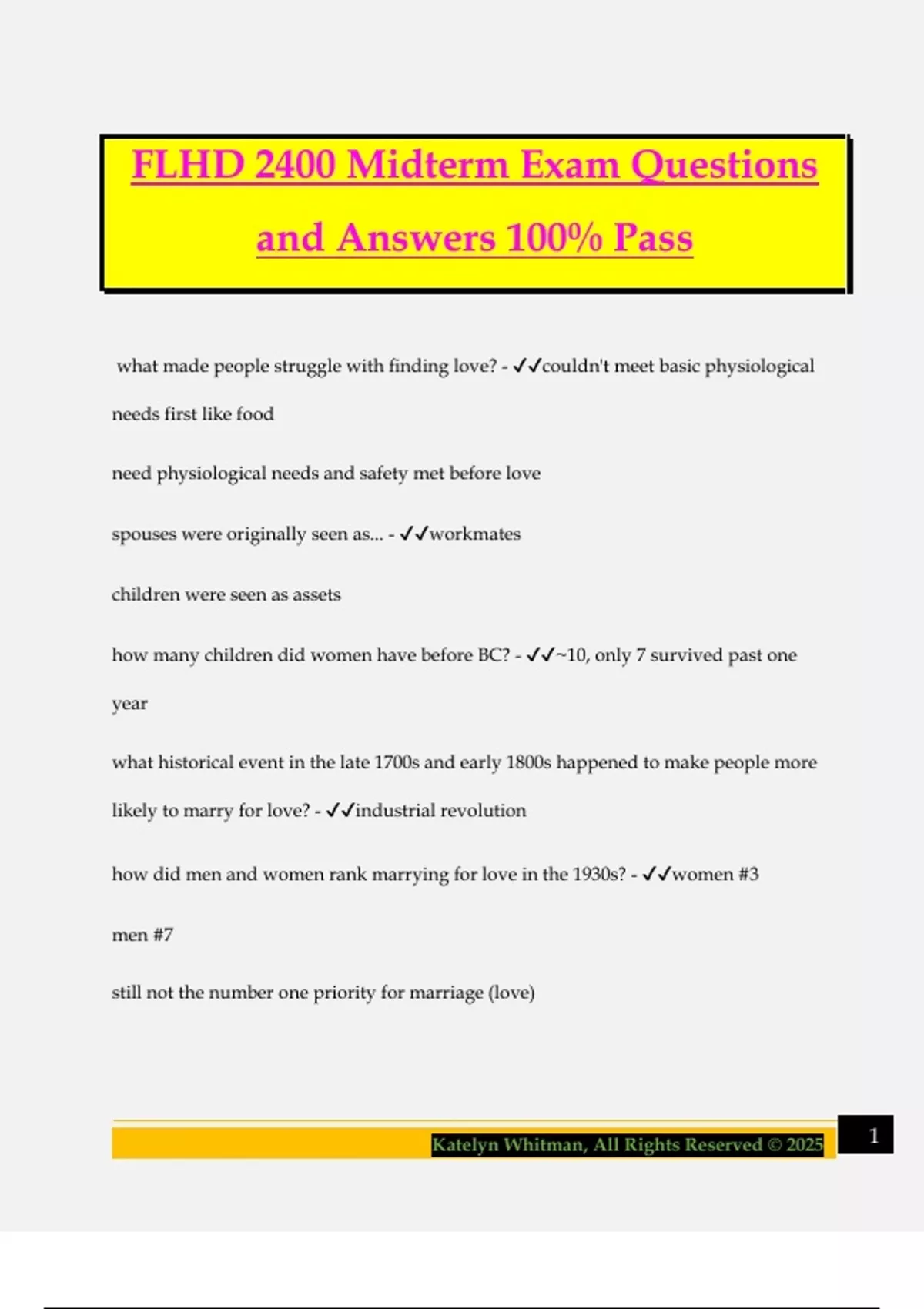 FLHD 2400 Midterm Exam Questions and Answers 100% Pass - FLHD 2400 - Stuvia US