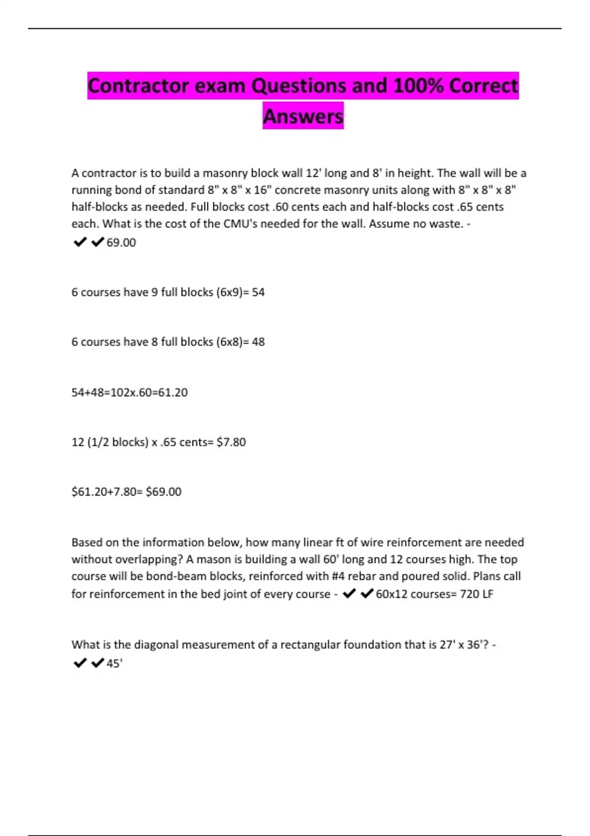 Contractor exam Questions and 100% Correct Answers - Construction ...