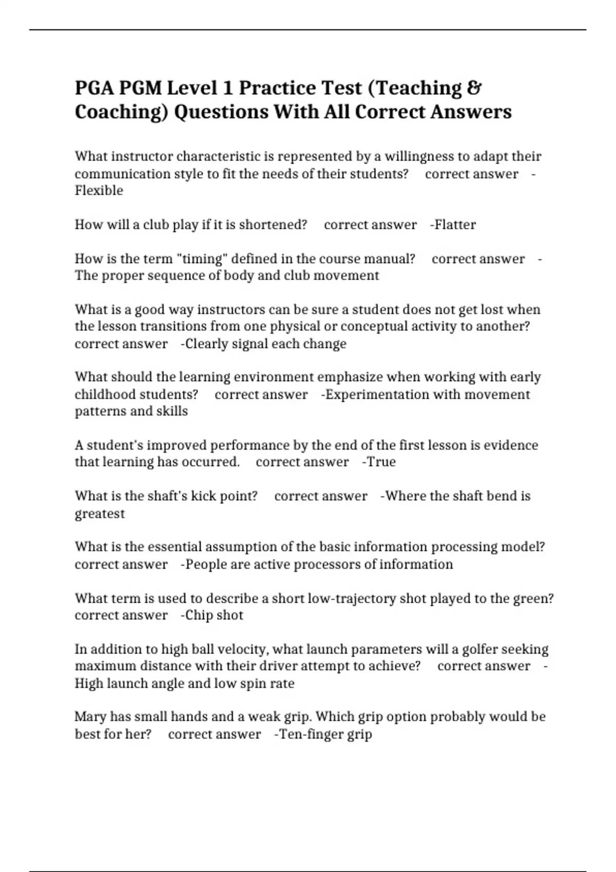 PGA PGM Level 1 Practice Test (Teaching & Coaching) Questions With All ...