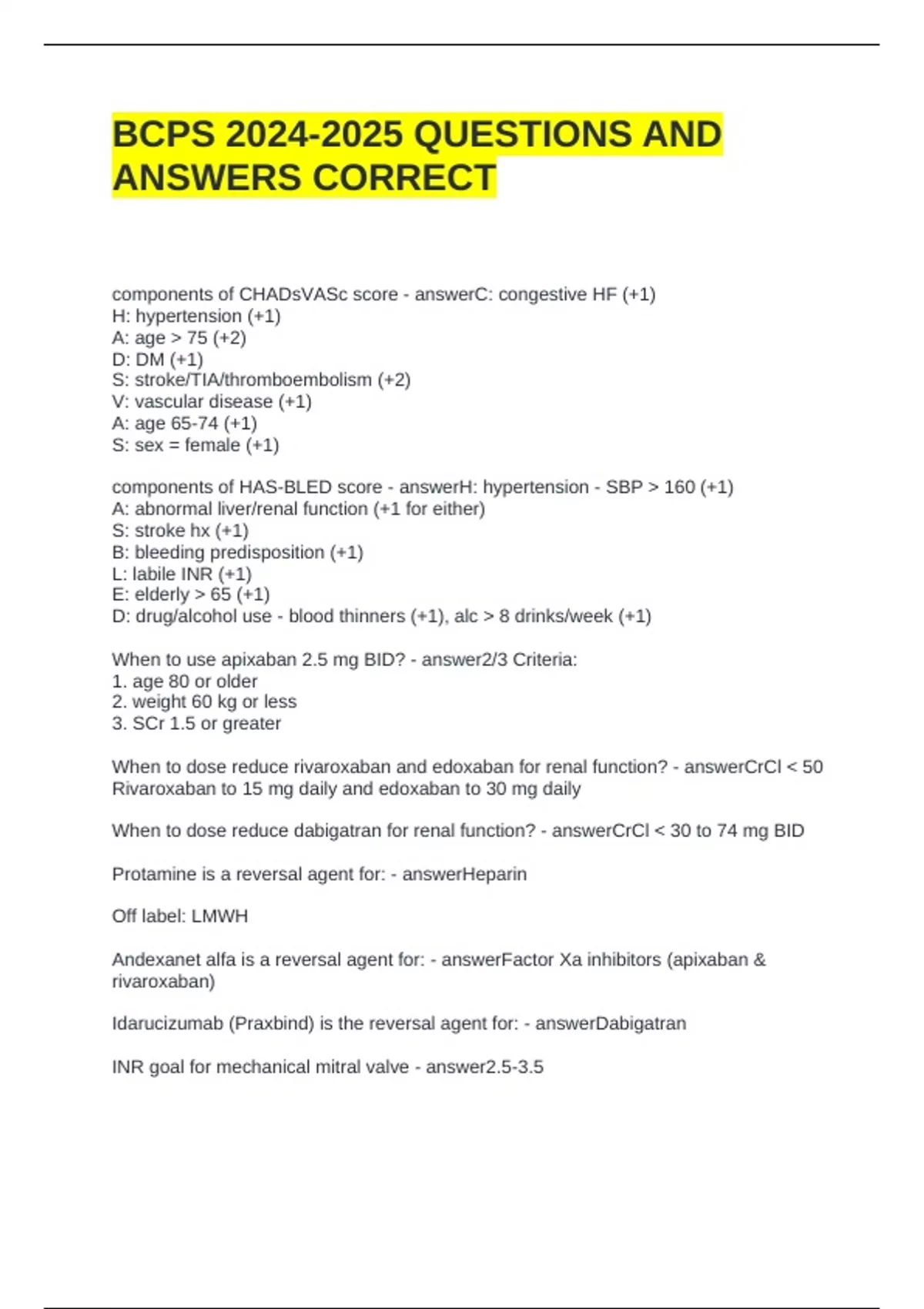 BCPS QUESTIONS AND ANSWERS CORRECT - BCPS - Stuvia US