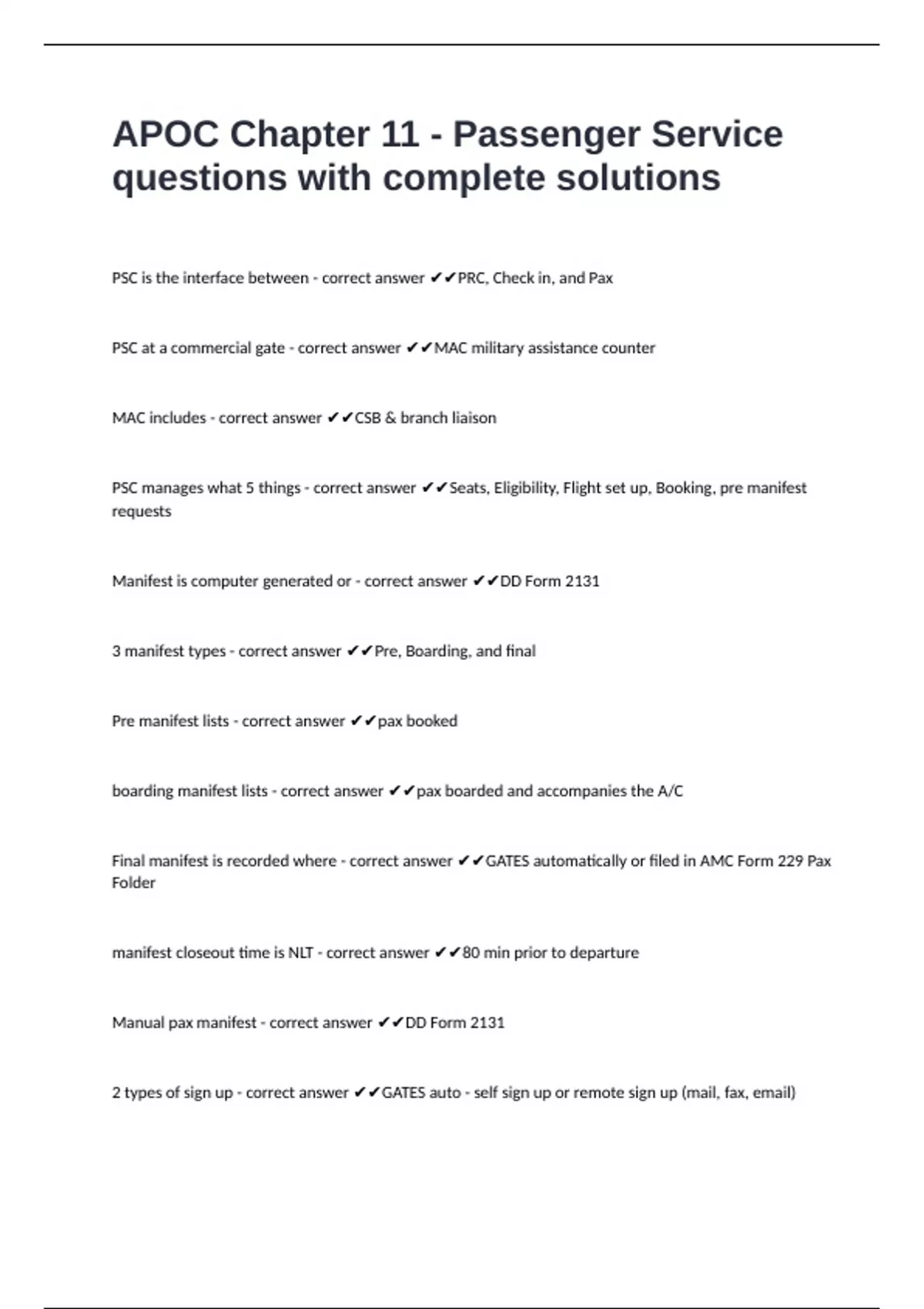 APOC Chapter 11 - Passenger Service questions with complete solutions ...