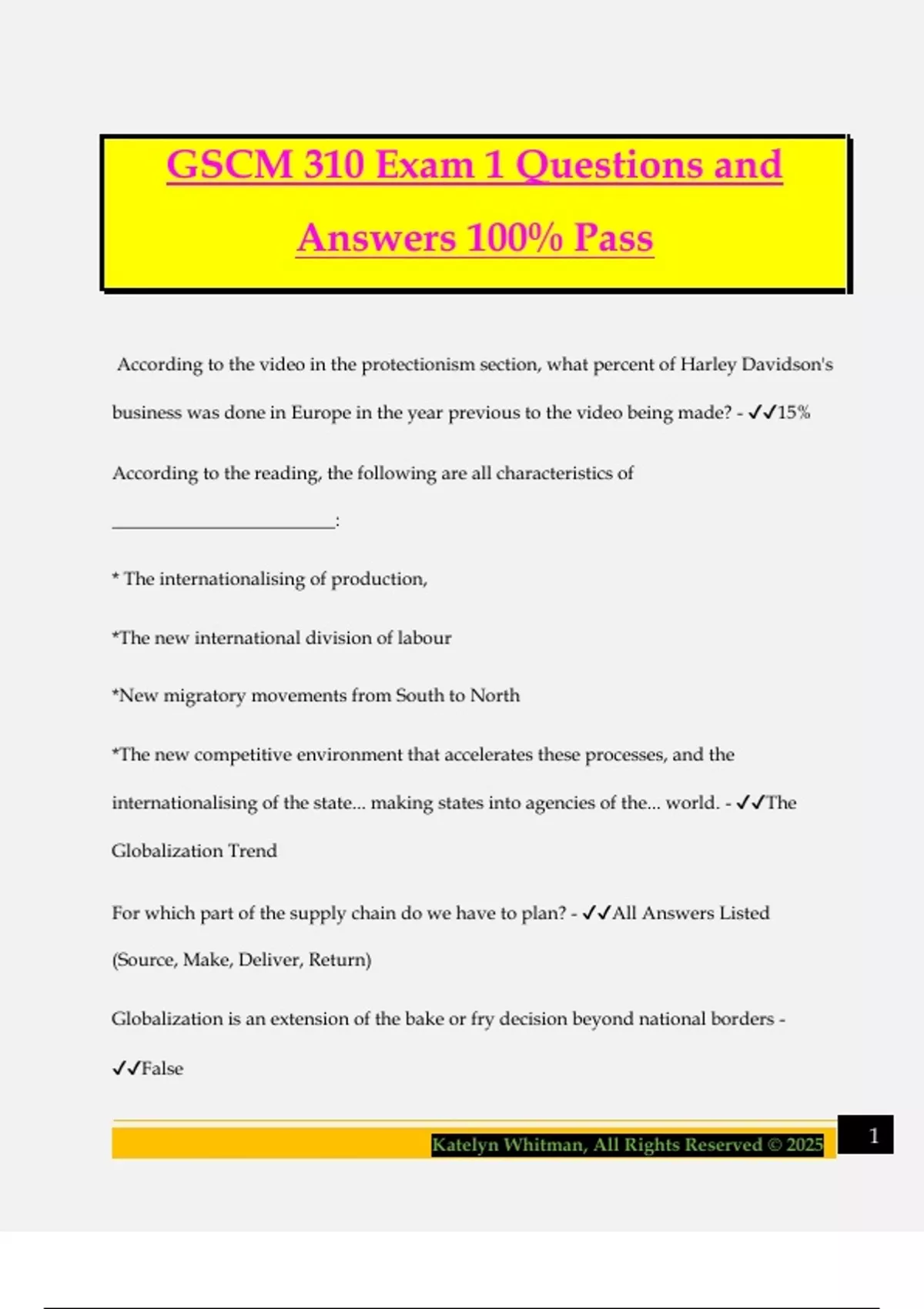GSCM 310 Exam 1 Questions and Answers 100% Pass - GSCM 310 - Stuvia US