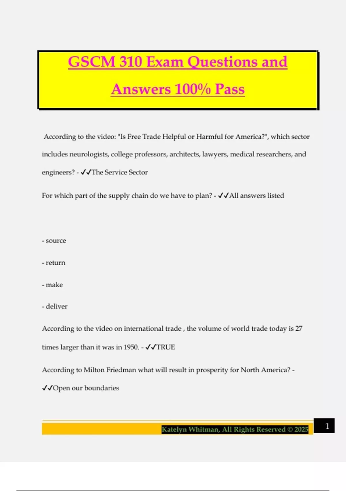 GSCM 310 Exam Questions and Answers 100% Pass - GSCM 310 - Stuvia US
