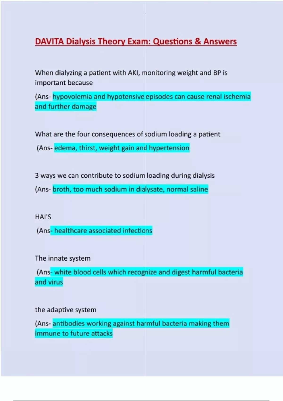DAVITA Dialysis Theory Exam: Questions & Answers: Latest Updated ...