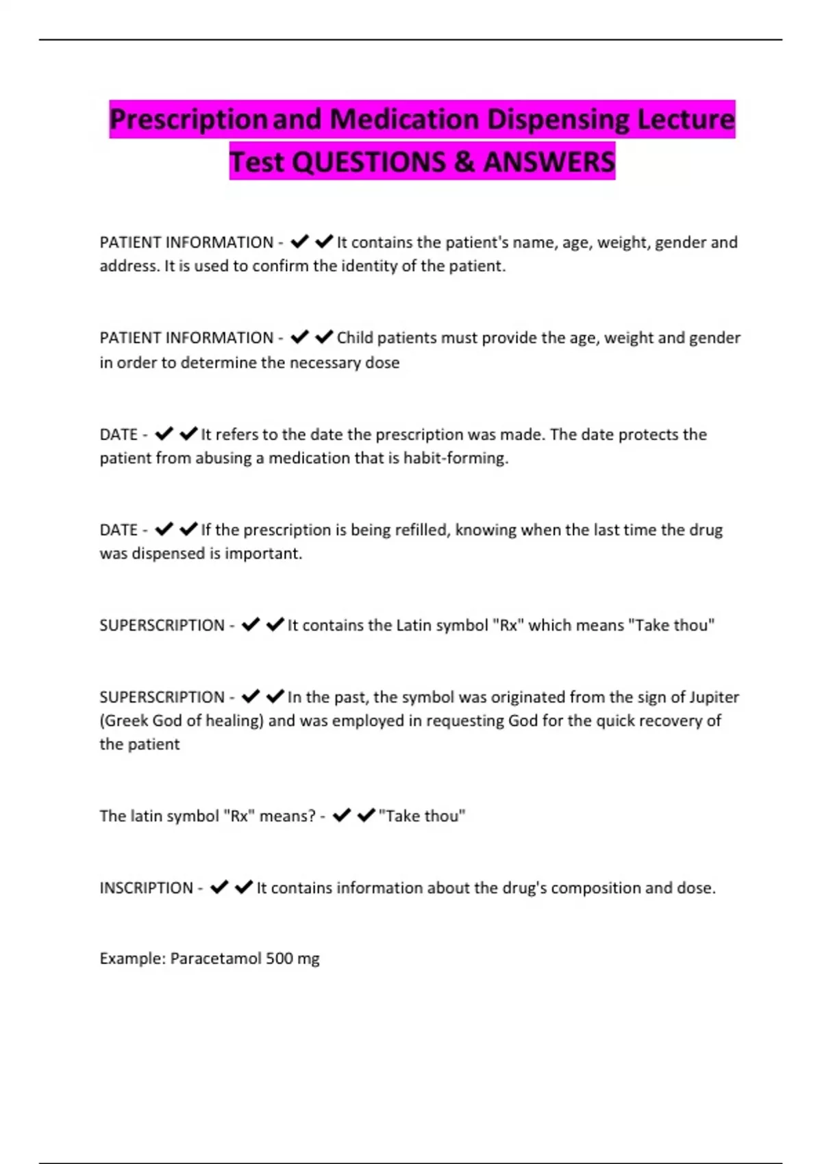 Prescription and Medication Dispensing Lecture Test QUESTIONS & ANSWERS ...