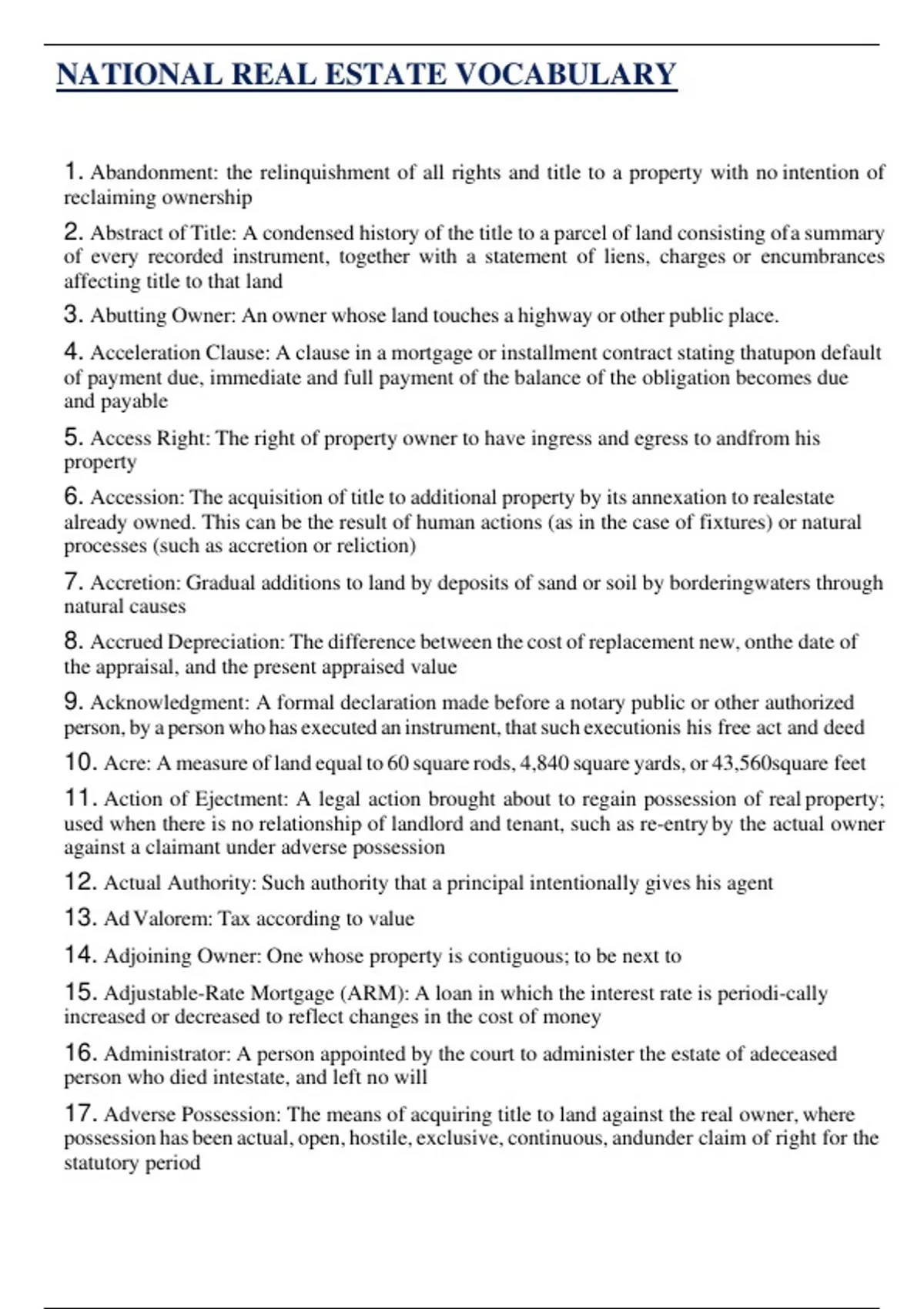 NATIONAL REAL ESTATE VOCABULARY 2024/2025 | QUESTIONS WITH 100% ...