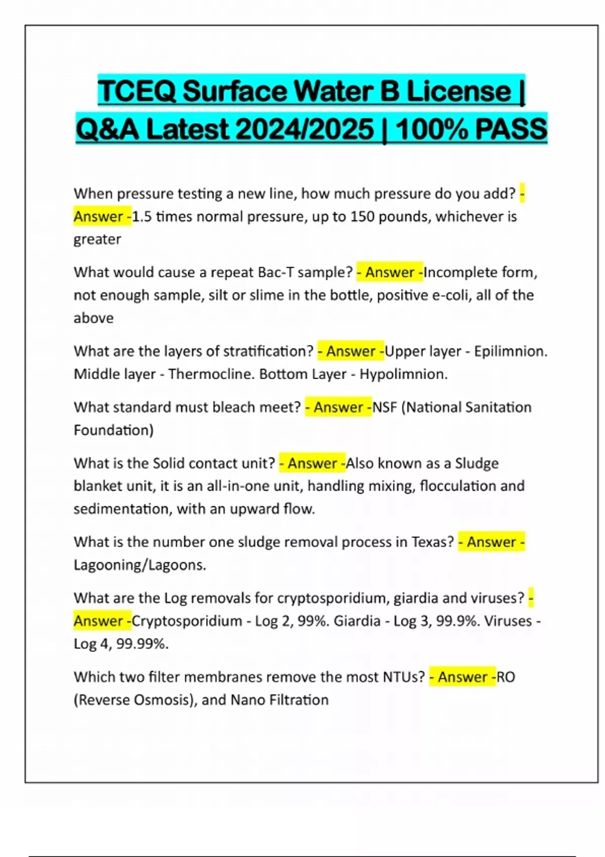 TCEQ Surface Water B License | Q&A Latest 2024/2025 | 100% PASS - Tceq ...