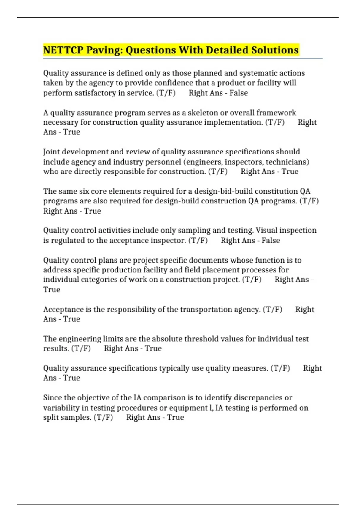 NETTCP Paving: Questions With Detailed Solutions - NETTCP Certification - Stuvia US
