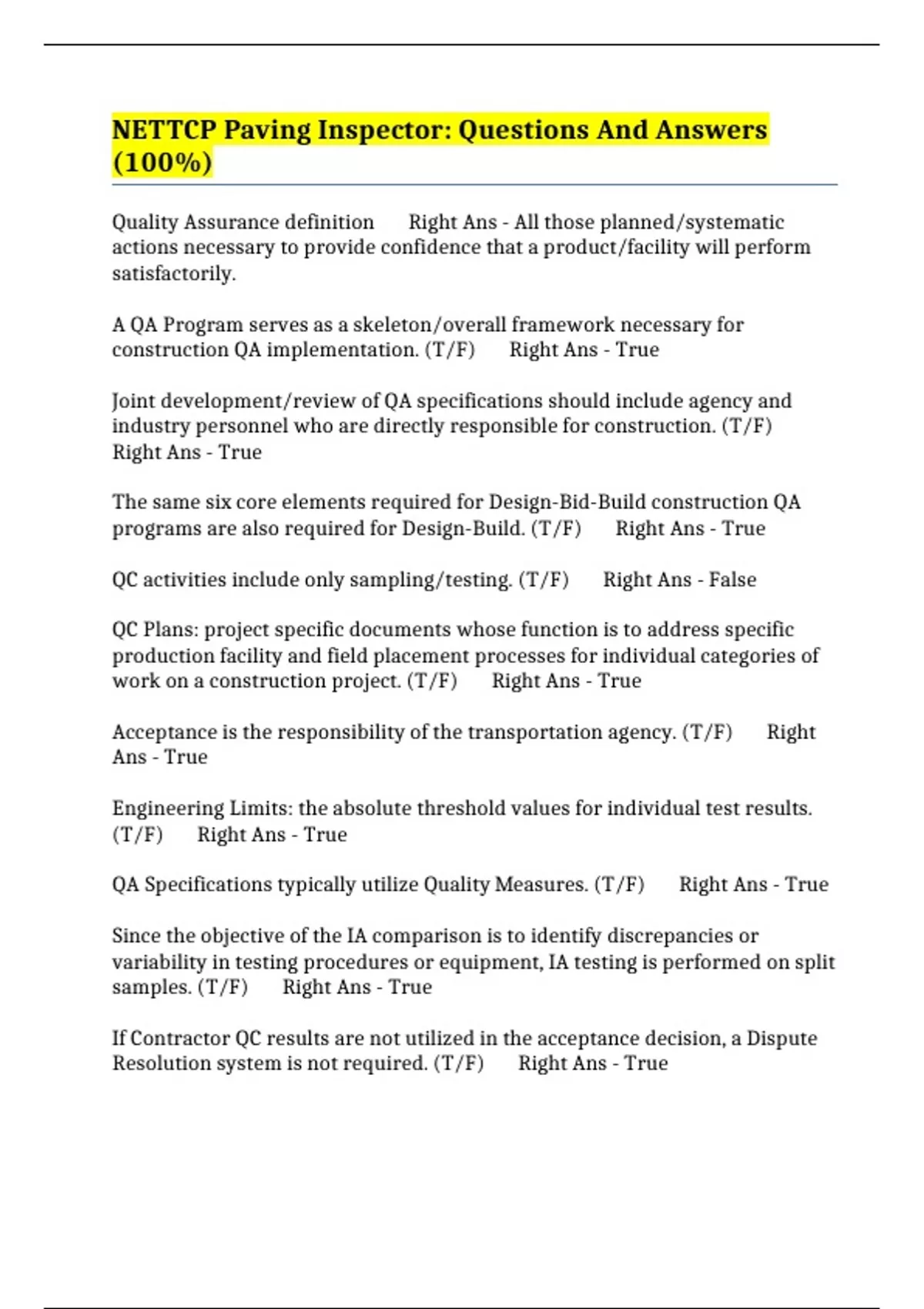 NETTCP Paving Inspector: Questions And Answers (100%) - NETTCP Certification - Stuvia US