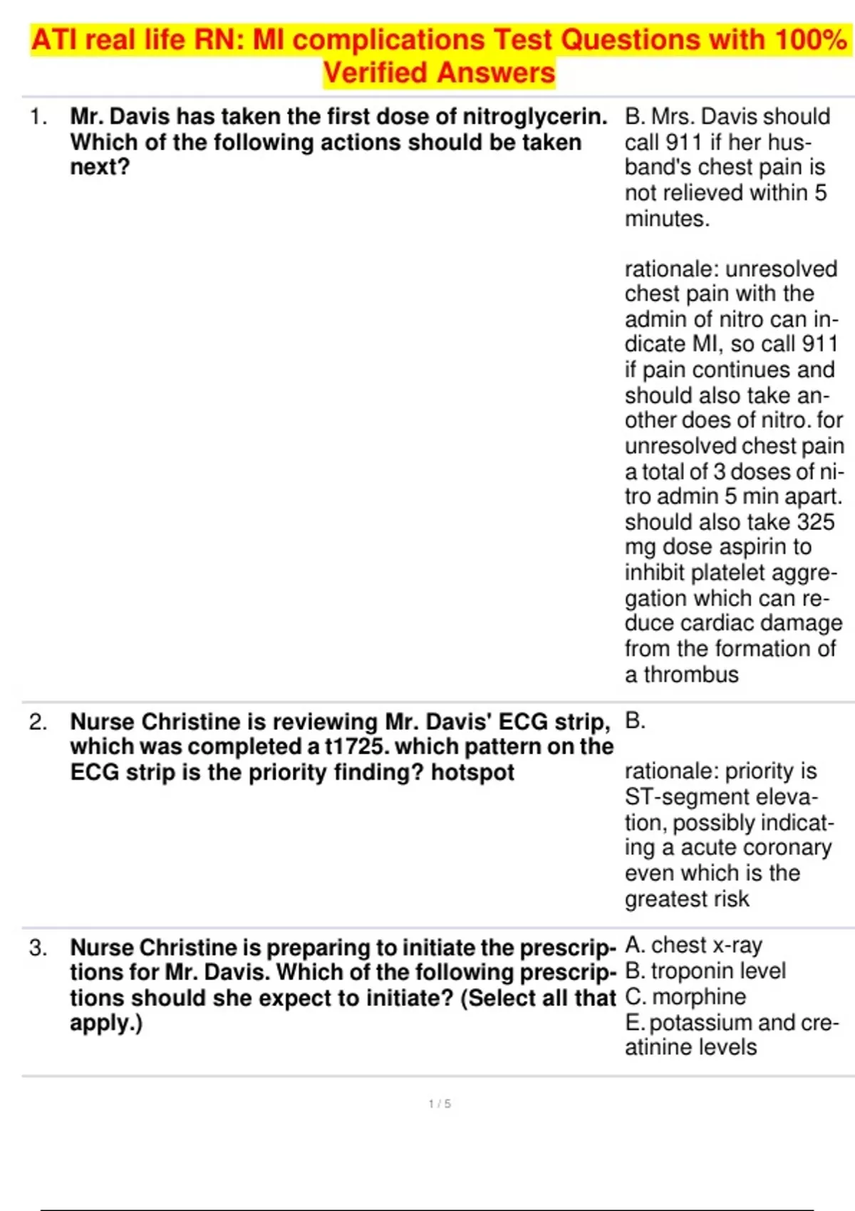 ATI real life RN: MI complications Test Questions with 100% Verified ...