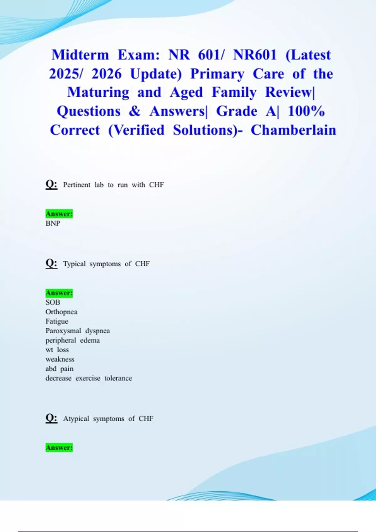Midterm Exam: NR 601/ NR601 (Latest 2025/ 2026 Update) Primary Care of ...