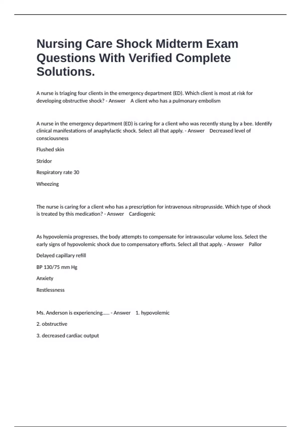 Nursing Care Shock Midterm Exam Questions With Verified Complete ...