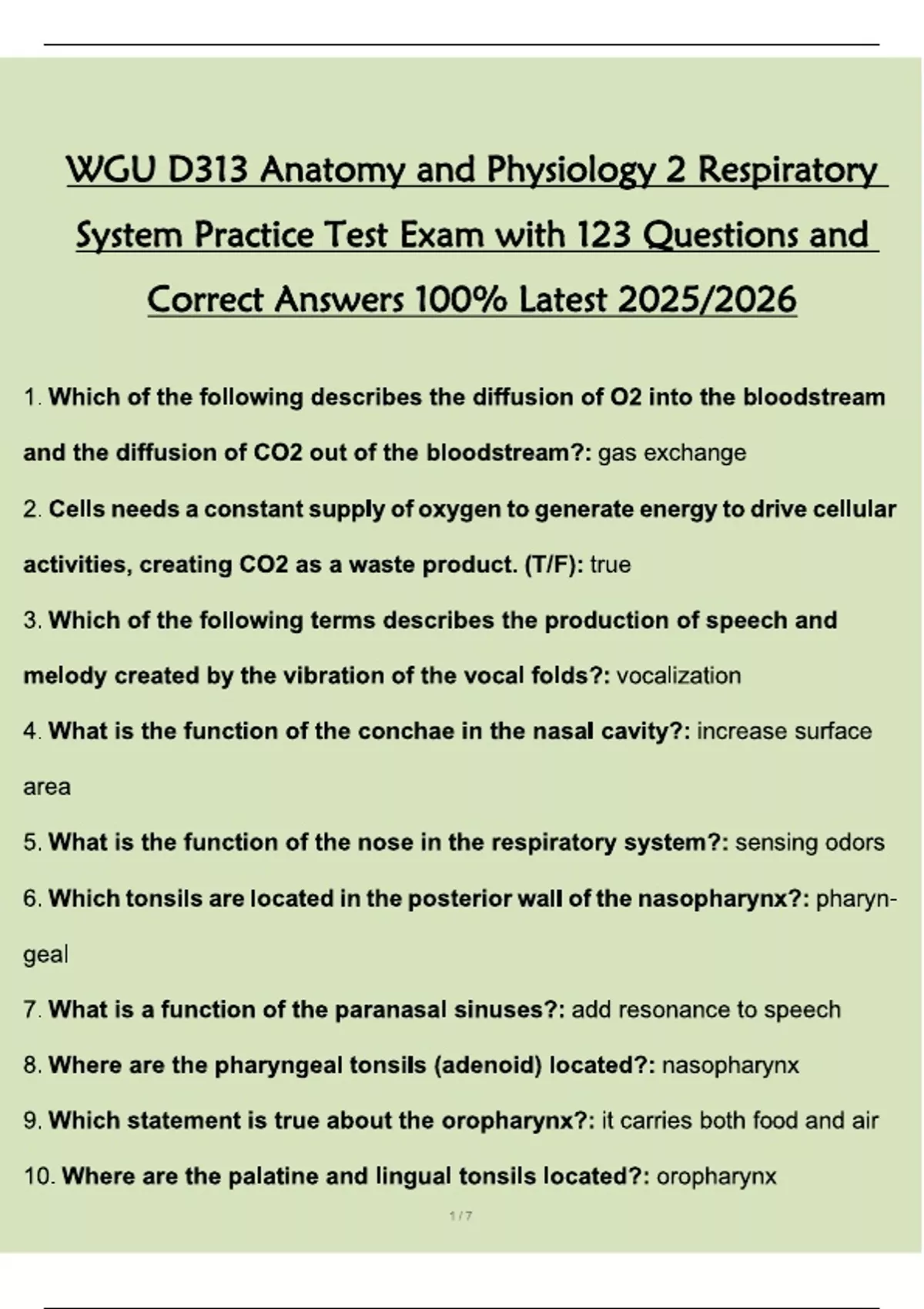 WGU D313 Anatomy and Physiology 2 Respiratory System Practice Test Exam ...