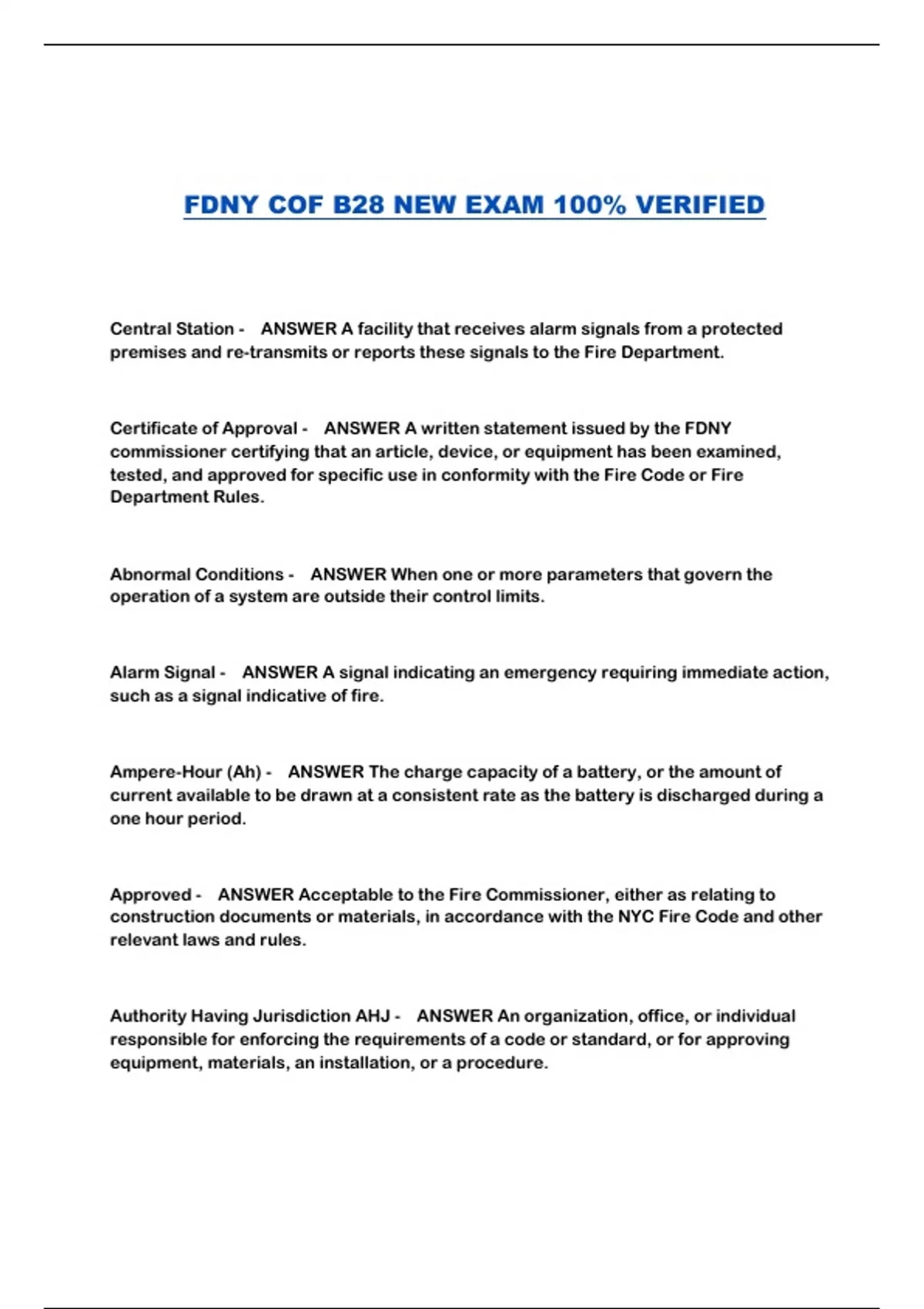 FDNY COF B28 NEW EXAM 100% VERIFIED - FDNY COF B28 - Stuvia US