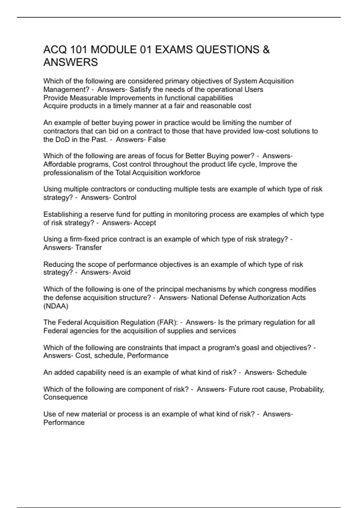 ACQ 101 MODULE 01 EXAMS QUESTIONS & ANSWERS - ACQ 101 - Stuvia US