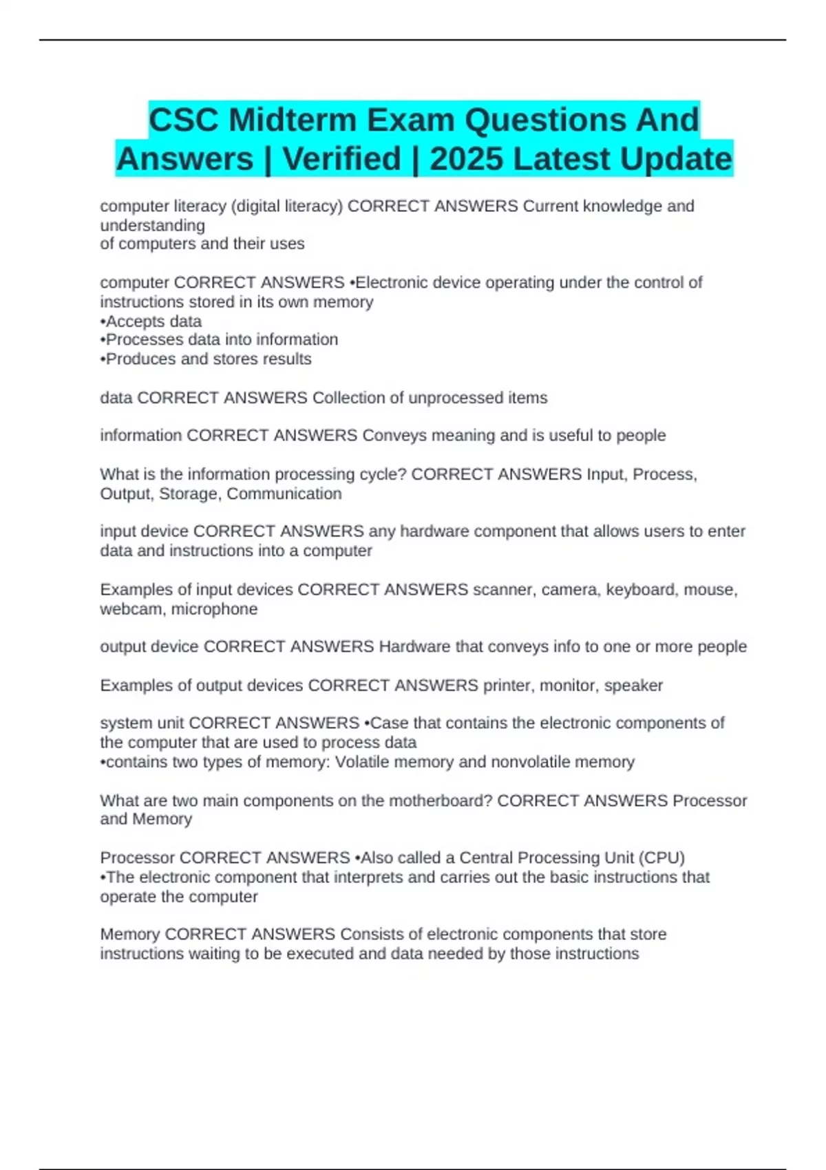 CSC Midterm Exam Questions And Answers | Verified | 2025 Latest Update ...