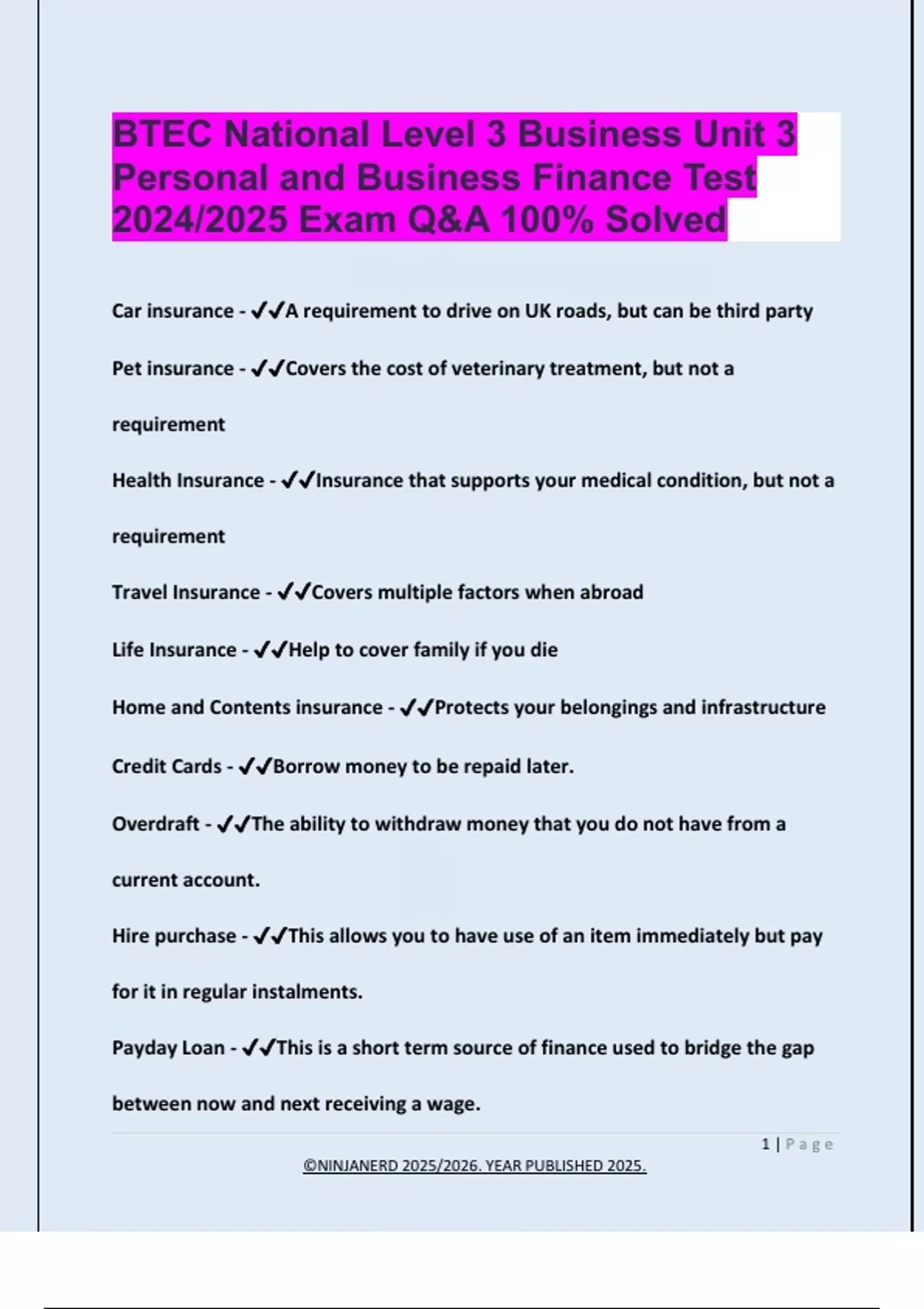 BTEC National Level 3 Business Unit 3 Personal and Business Finance ...
