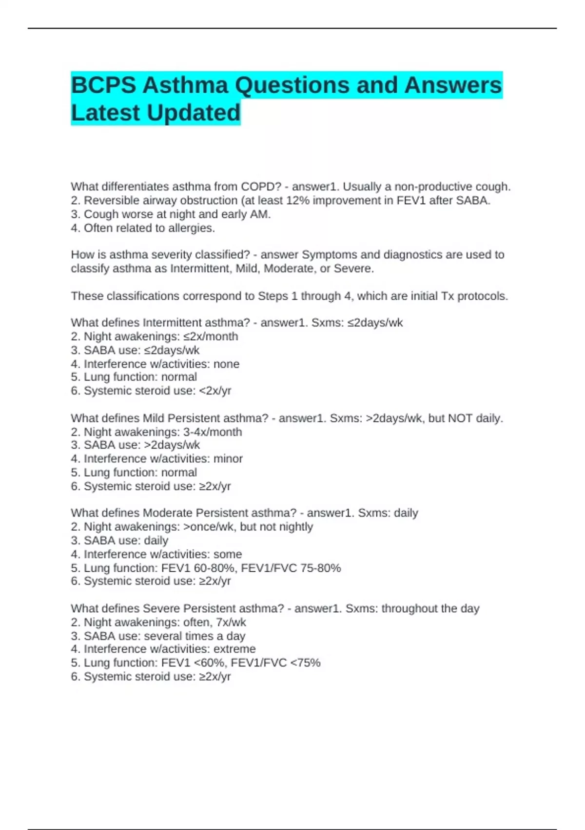 BCPS Asthma Questions and Answers Latest Updated - BCPS - Stuvia US