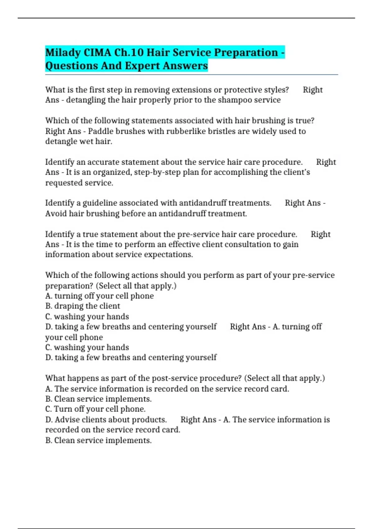 Milady CIMA Ch.10 Hair Service Preparation - Questions And Expert ...