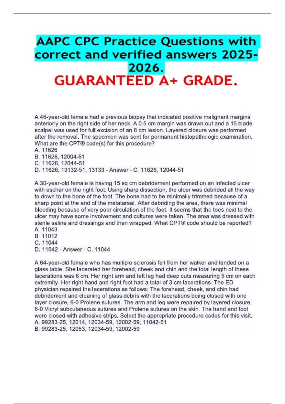 AAPC CPC Practice Questions with correct and verified answers ...