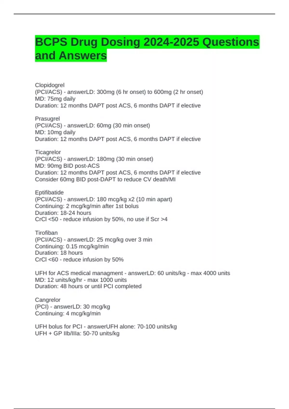 BCPS Drug Dosing Questions and Answers - BCPS - Stuvia US