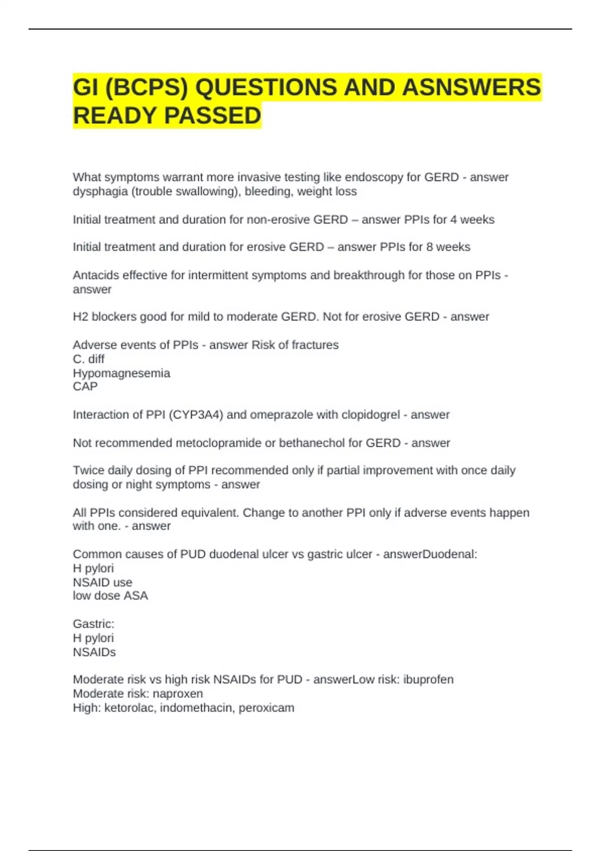 GI (BCPS) QUESTIONS AND ASNSWERS READY PASSED - BCPS - Stuvia US
