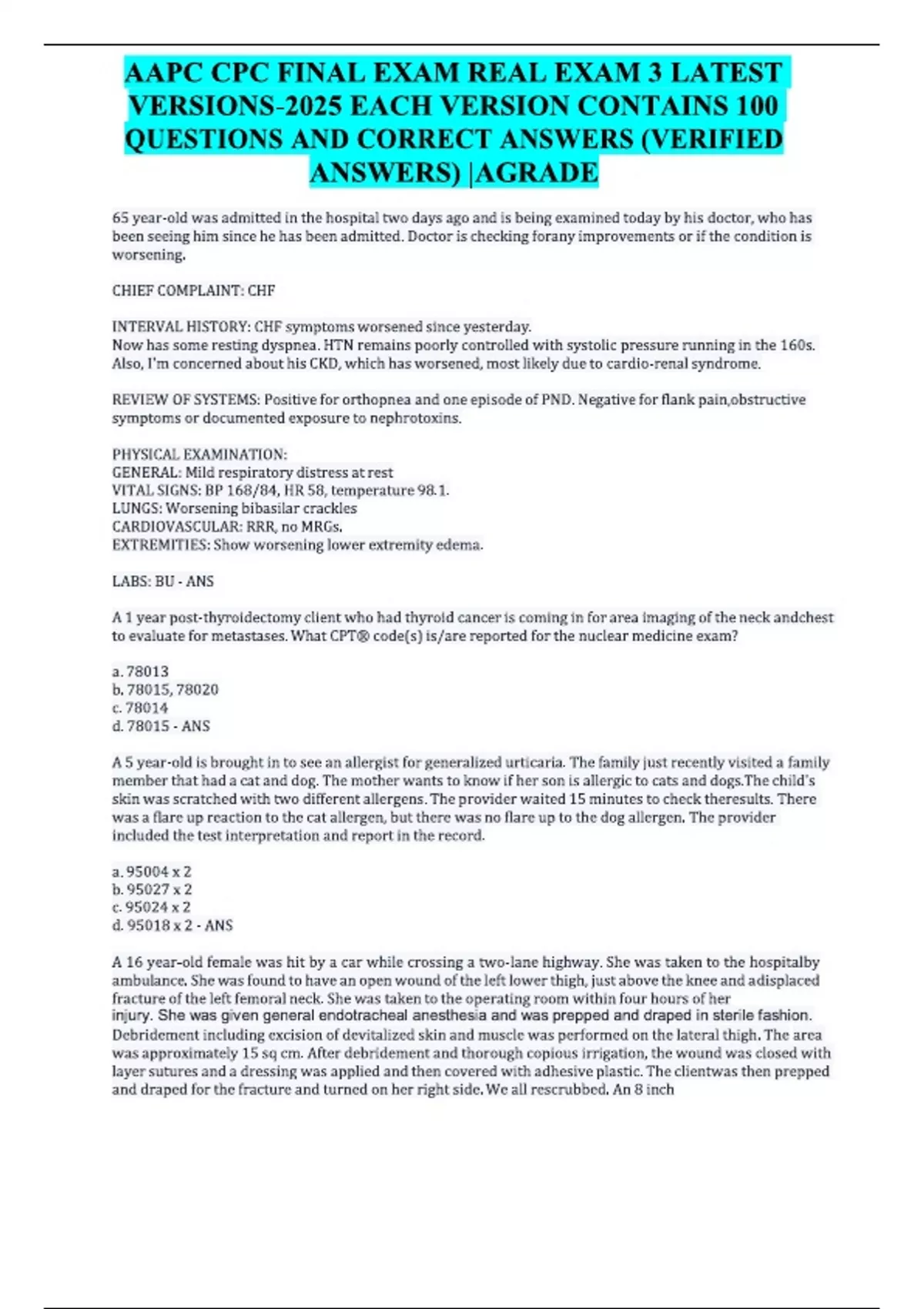 AAPC CPC FINAL EXAM REAL EXAM 3 LATEST VERSIONS-2025 EACH VERSION ...