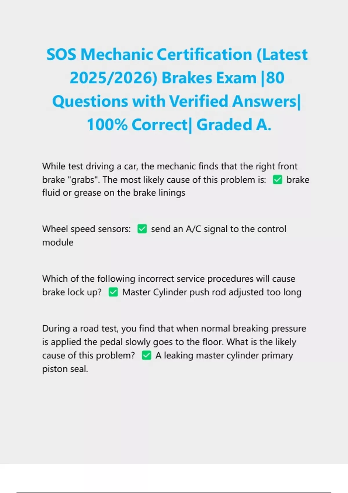 SOS Mechanic Certification (Latest 2025/2026) Brakes Exam |80 Questions ...