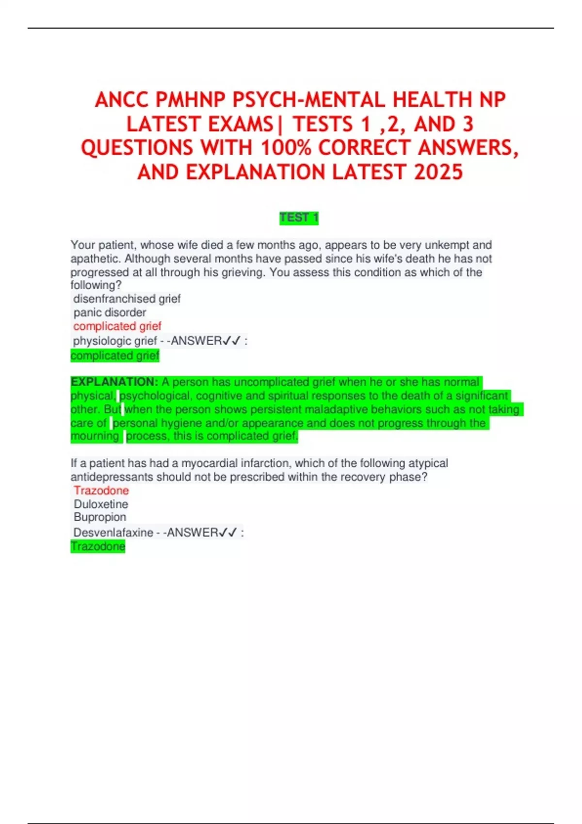 ANCC PMHNP PSYCH-MENTAL HEALTH NP LATEST EXAMS| TESTS 1 ,2, AND 3 ...