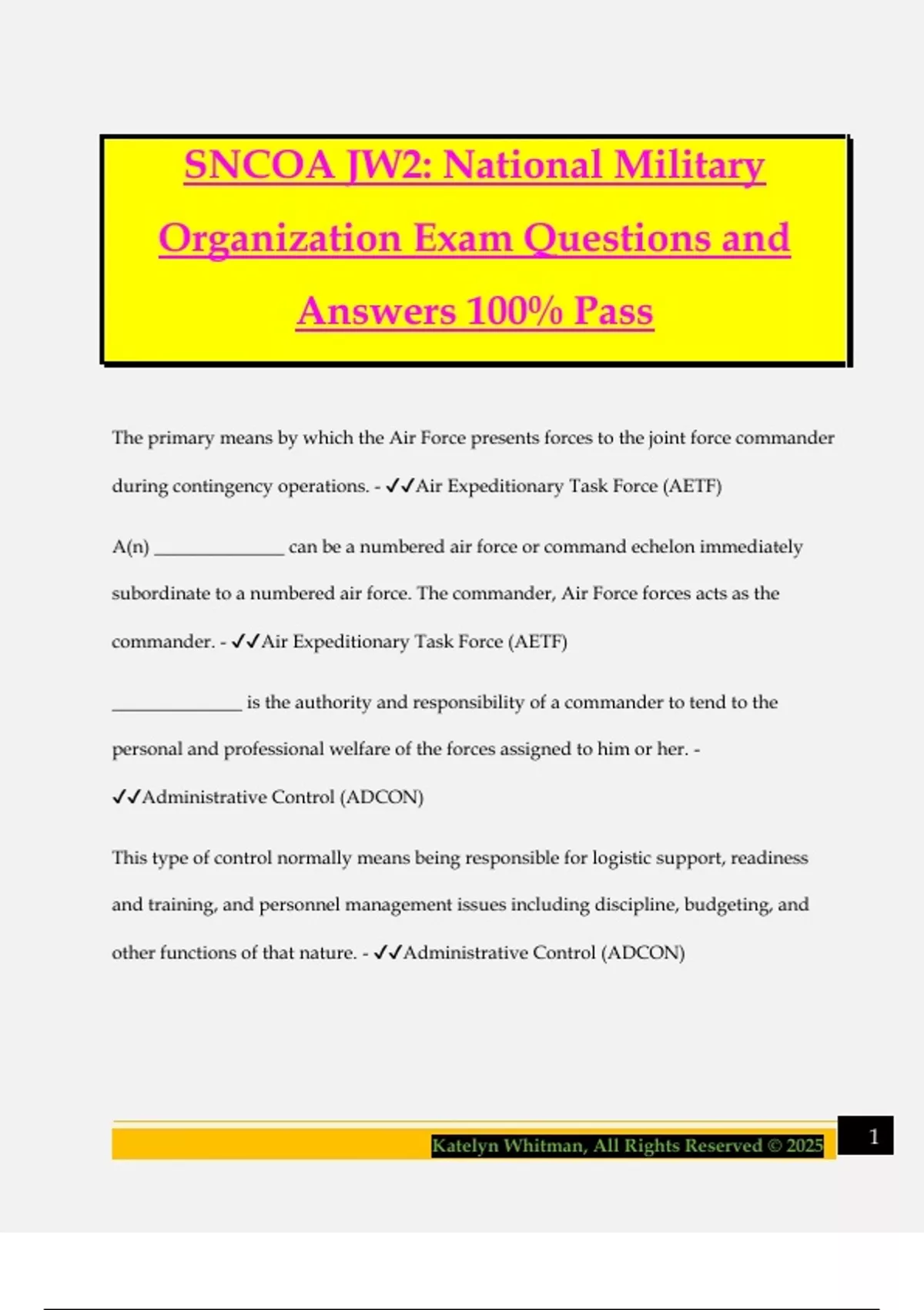 SNCOA JW2: National Military Organization Exam Questions and Answers 100% Pass - SNCOA - Stuvia US
