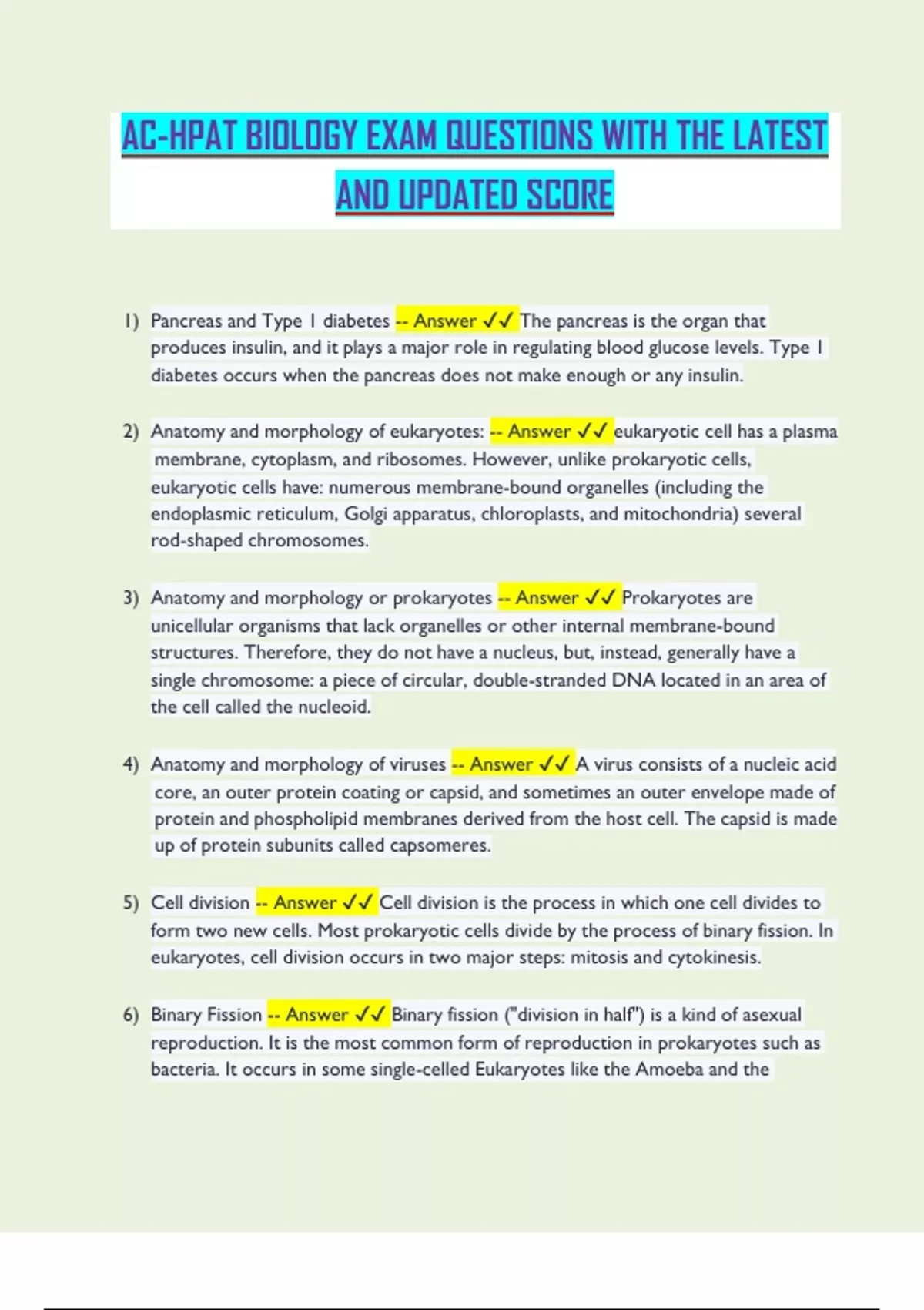 AC-HPAT BIOLOGY EXAM QUESTIONS WITH THE LATEST AND UPDATED SCORES 2025 ...