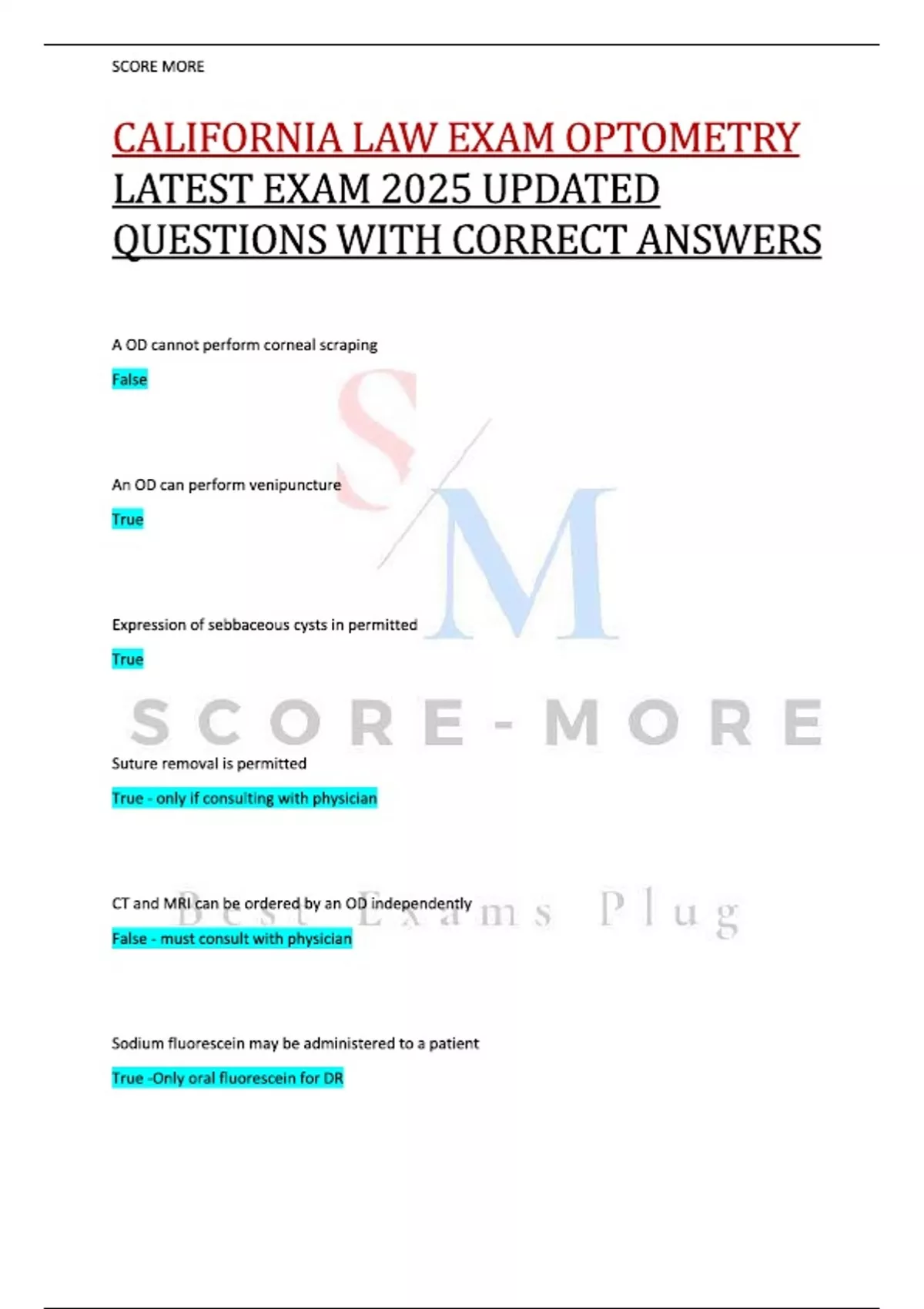 CALIFORNIA LAW EXAM OPTOMETRY LATEST EXAM 2025 UPDATED QUESTIONS WITH ...