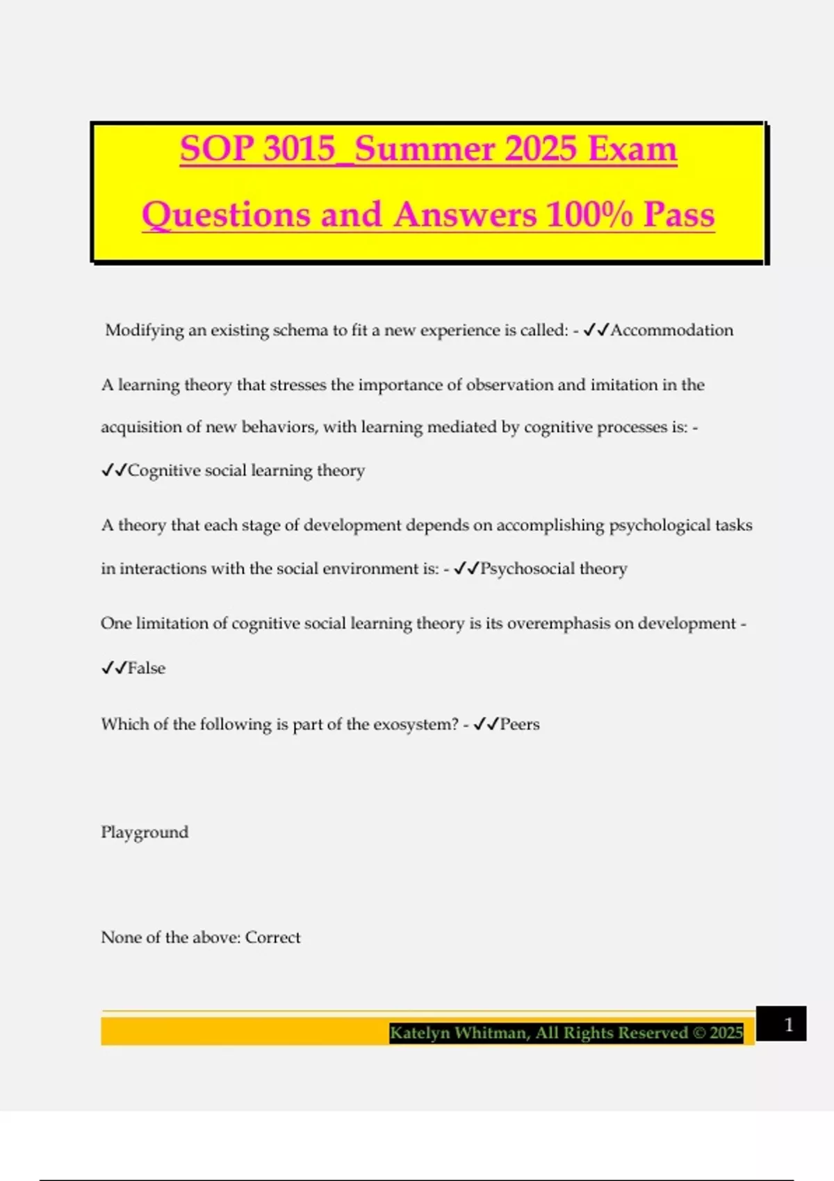 SOP 3015_Summer 2025 Exam Questions and Answers 100% Pass - SOP 3015 ...