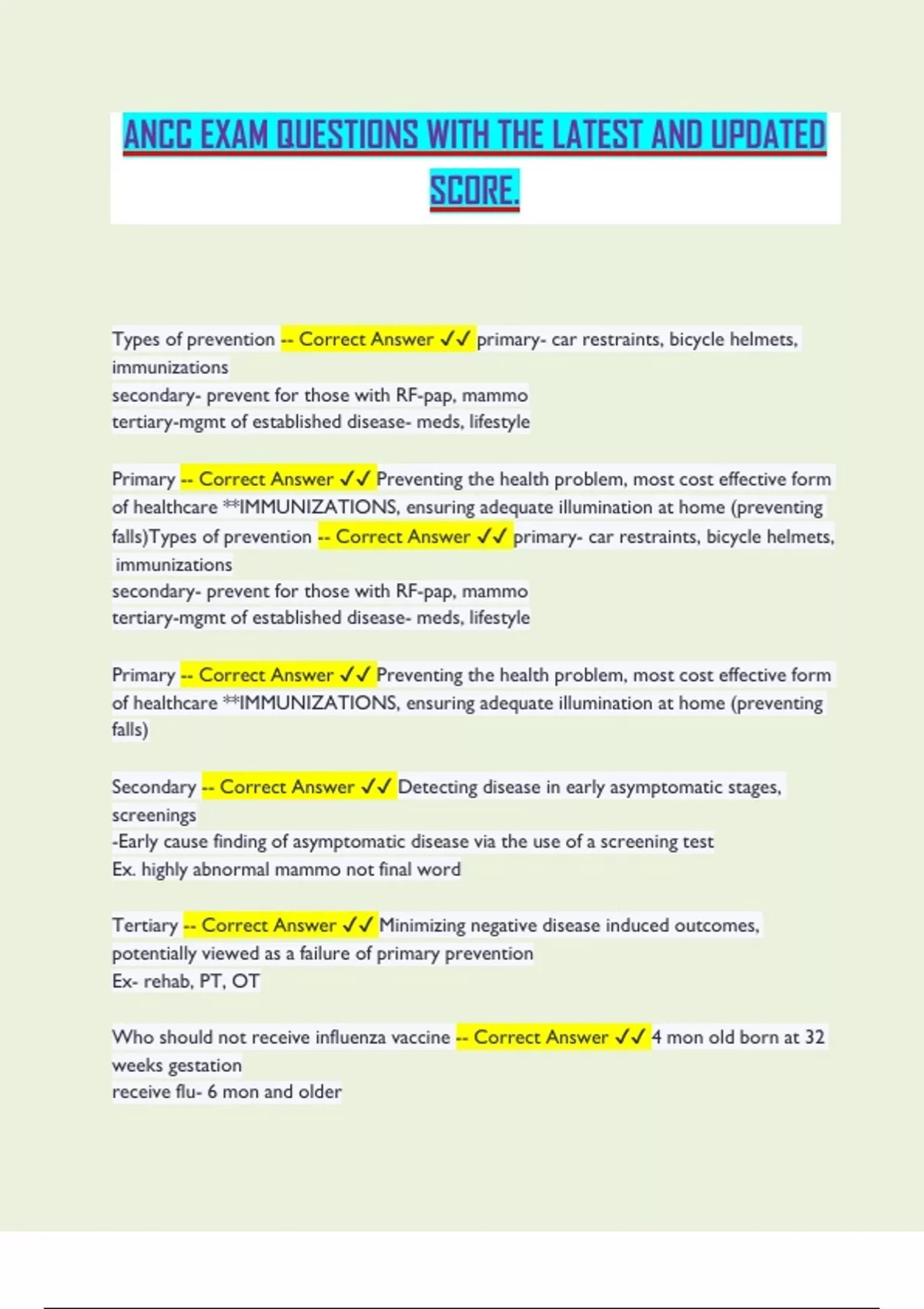 ANCC EXAM QUESTIONS WITH THE LATEST AND UPDATED SCORE - Ancc - Stuvia US