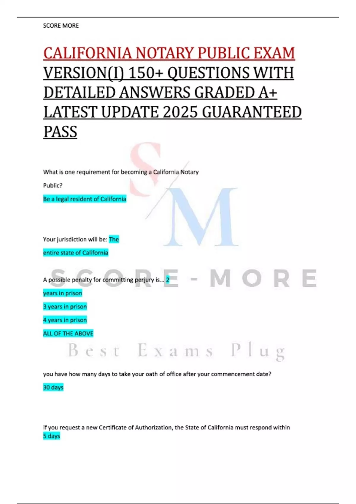 CALIFORNIA NOTARY PUBLIC EXAM VERSION(I) 150+ QUESTIONS WITH DETAILED ...
