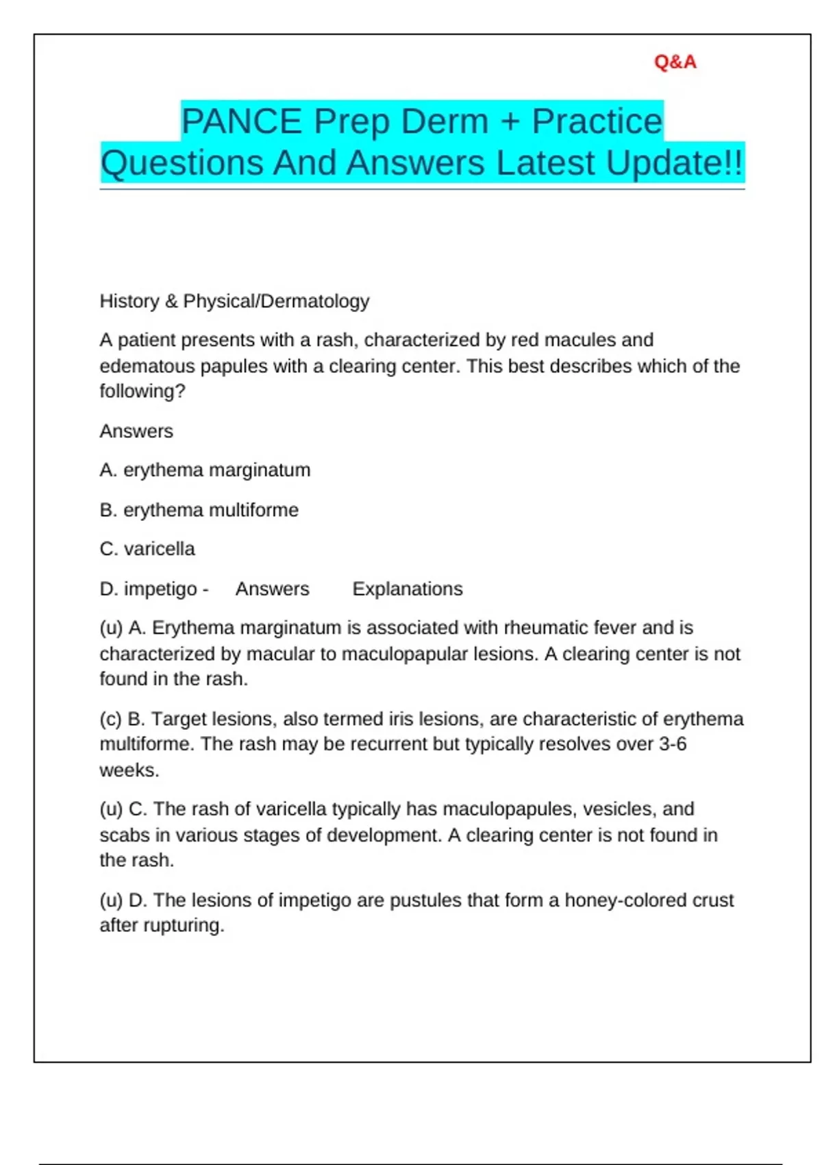 PANCE Prep Derm + Practice Questions And Answers Latest Update ...