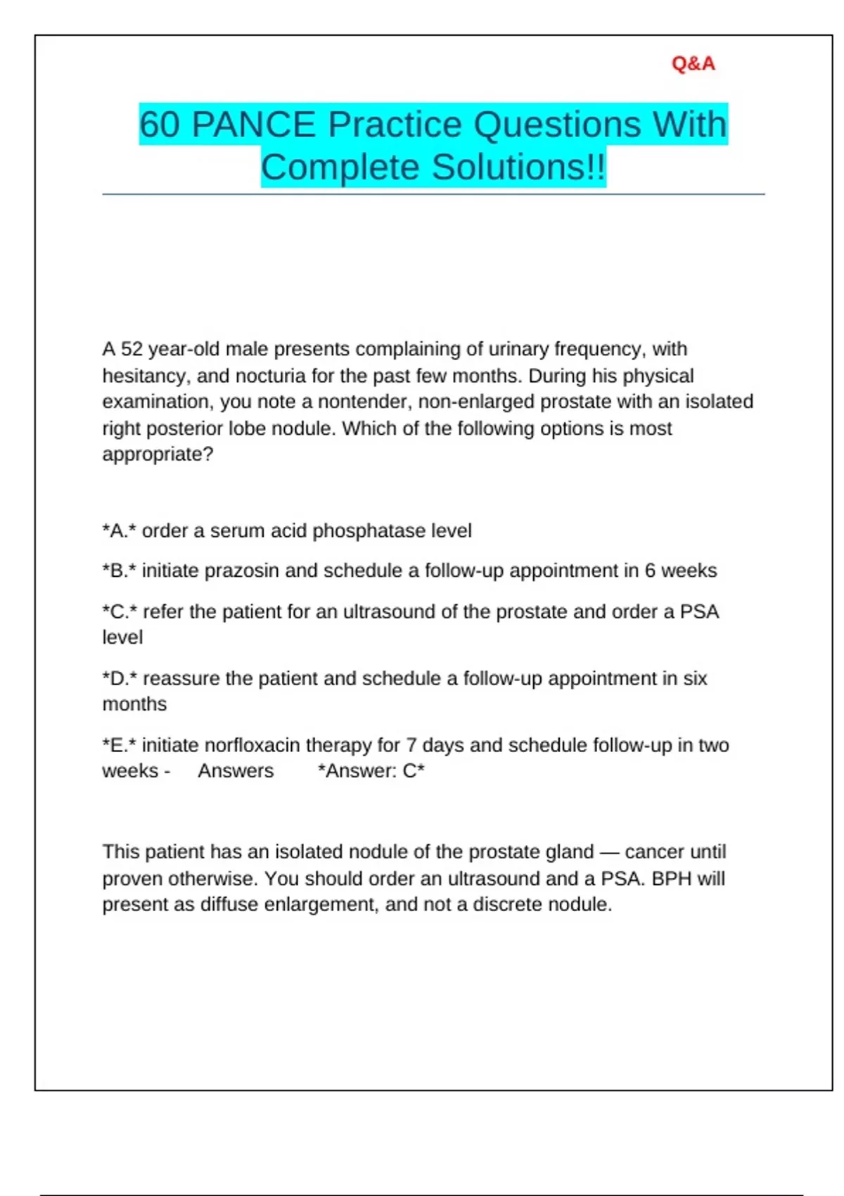 60 PANCE Practice Questions With Complete Solutions!! - PANCE - Stuvia US