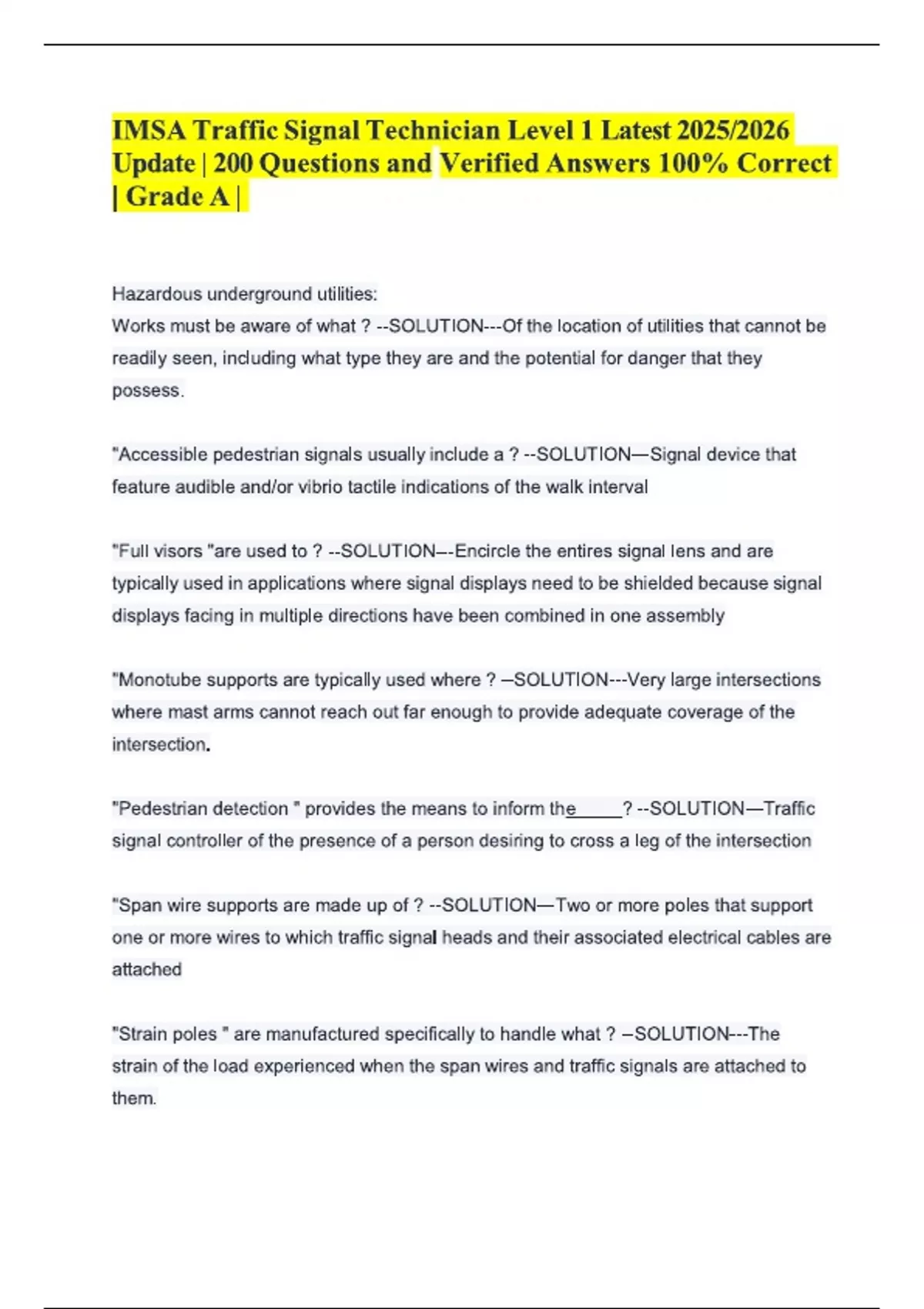 IMSA Traffic Signal Technician Level 1 Latest 2025/2026 Update | 200 ...