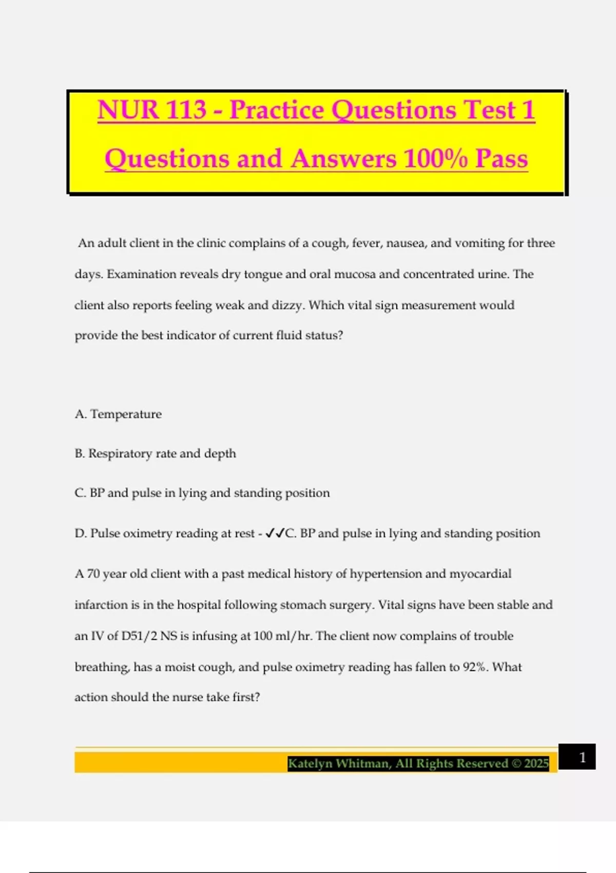NUR 113 - Practice Questions Test 1 Questions and Answers 100% Pass ...