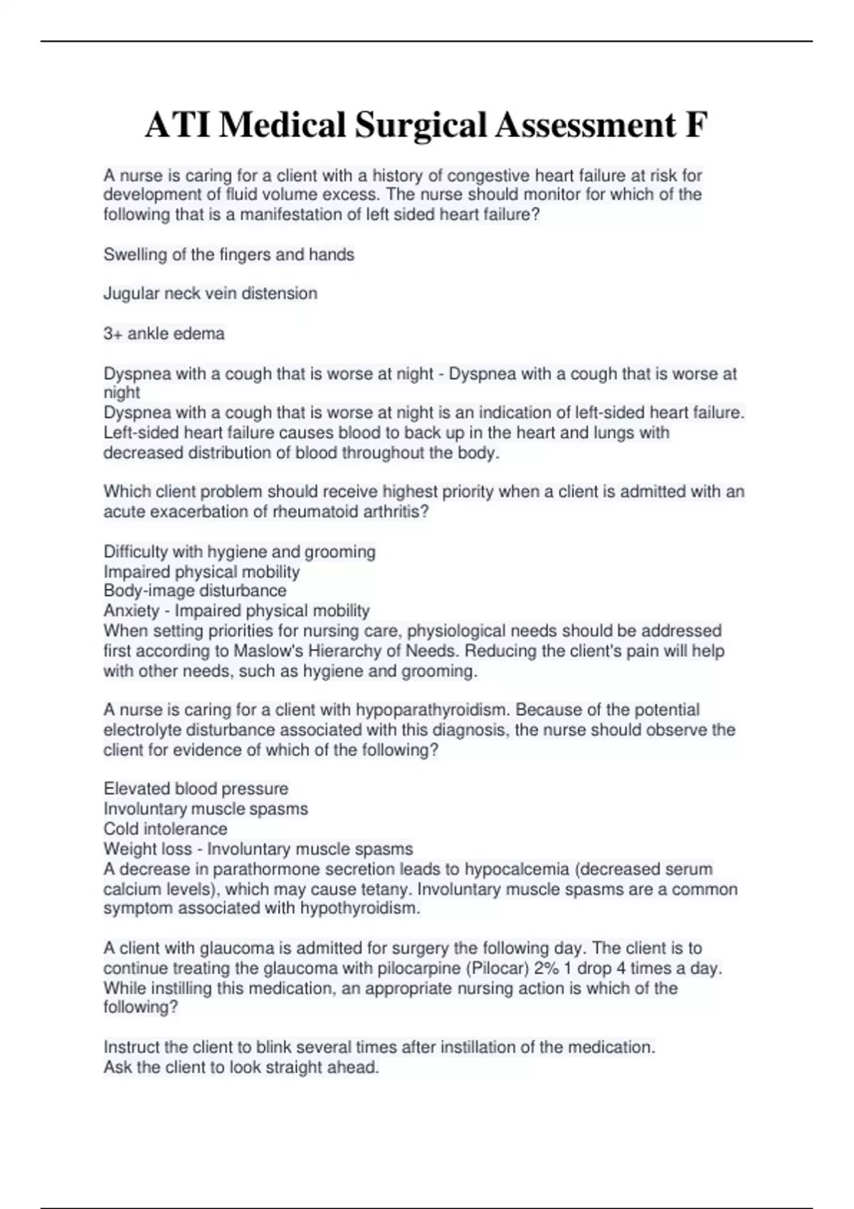 ATI Medical Surgical Assessment F (latest update) (Complete Guide) (All ...